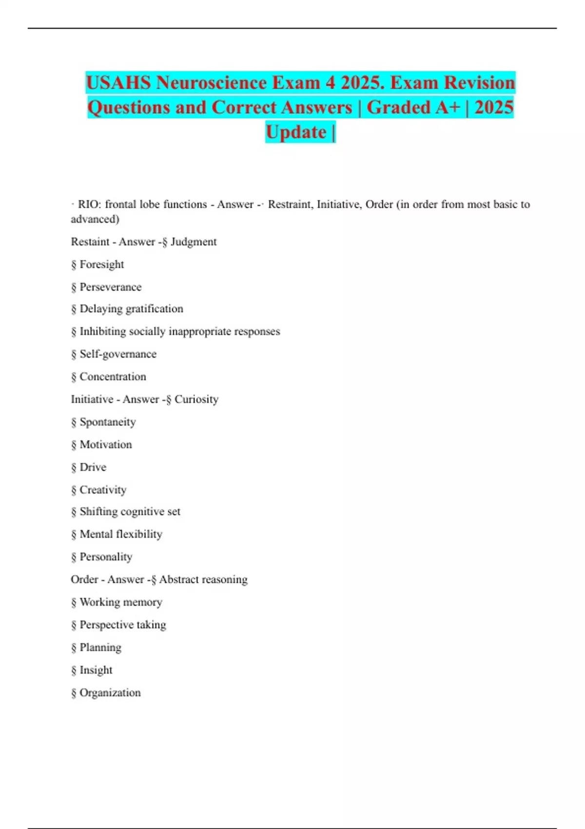 USAHS Neuroscience Exam 4 2025. Exam Revision Questions and Correct ...
