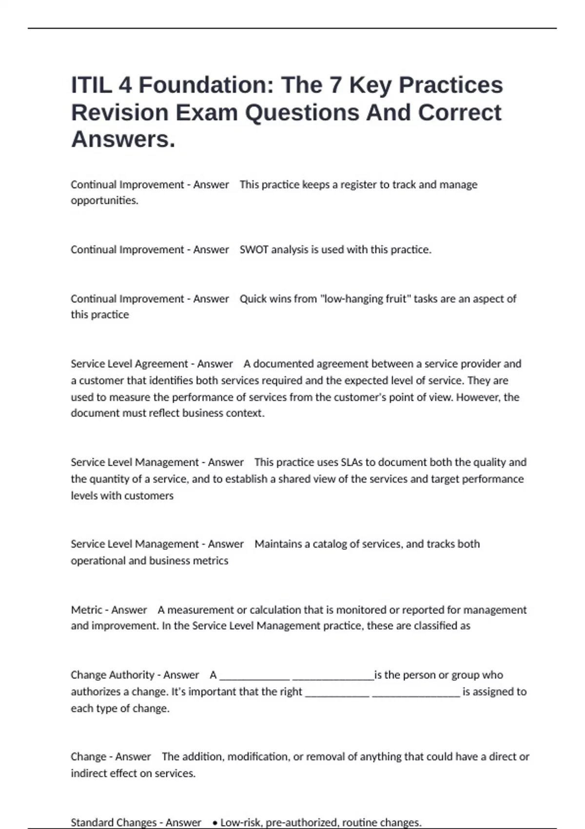 ITIL 4 Exam Questions With Correct Solutions Bundle 2025 Updated ...