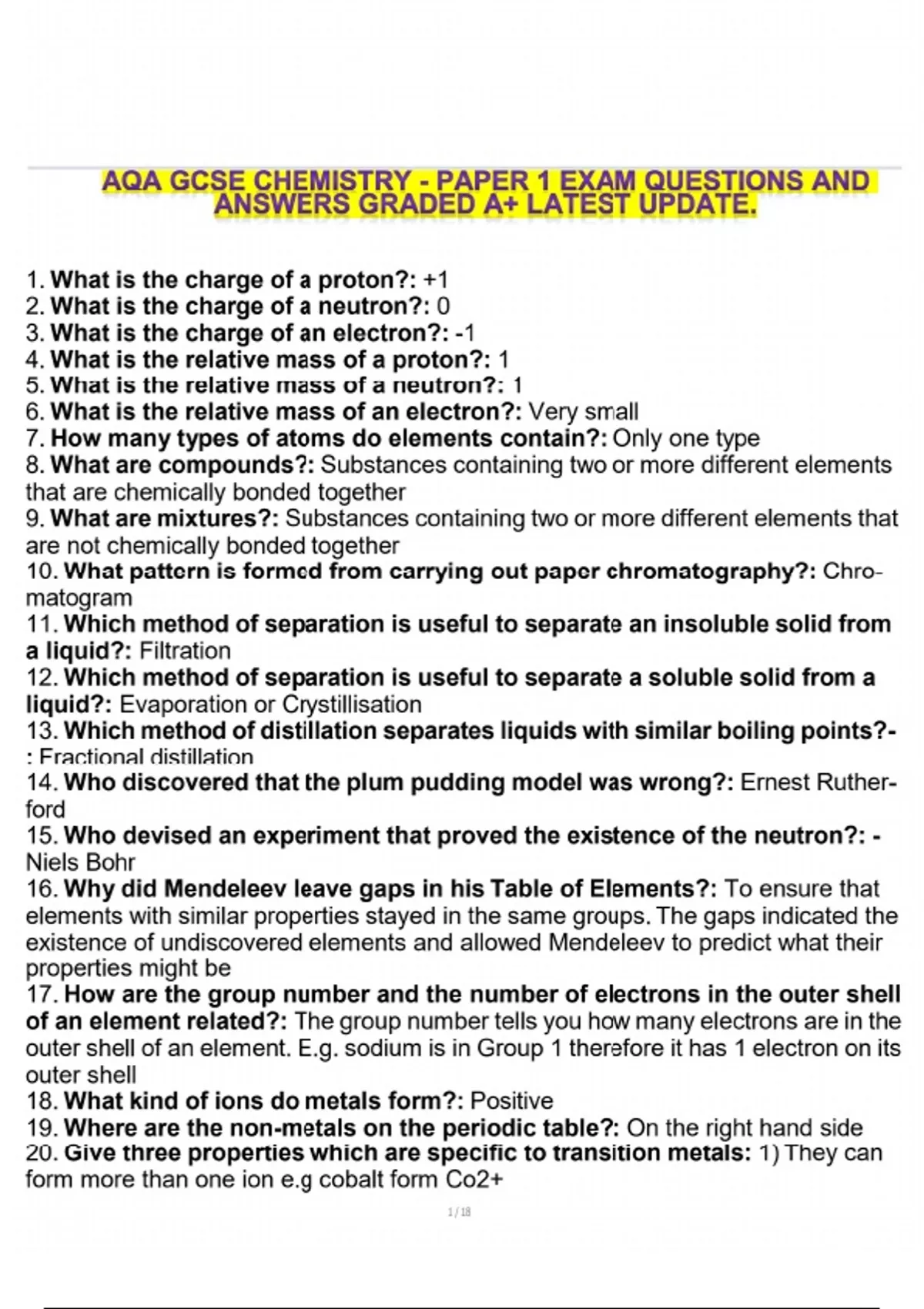 AQA GCSE CHEMISTRY - PAPER 1 EXAM QUESTIONS AND ANSWERS GRADED A+ ...