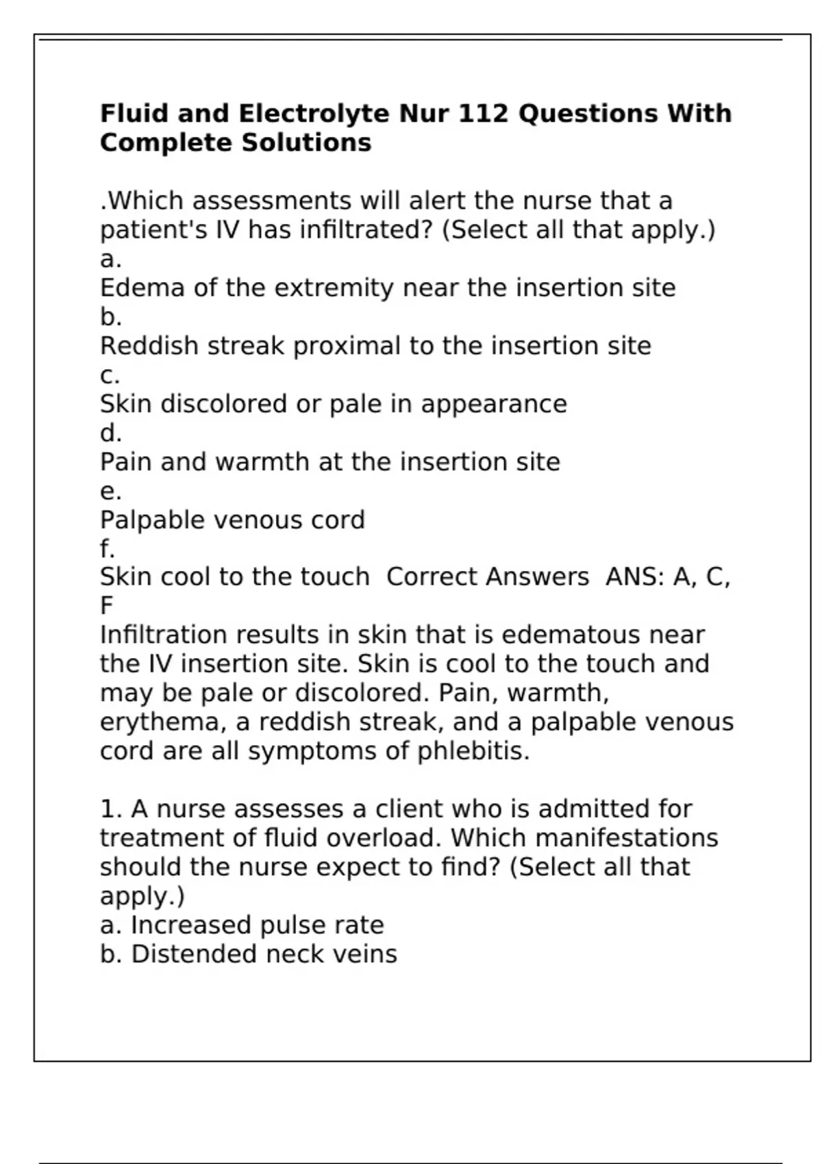 Fluid and Electrolyte Nur 112 Questions With Complete Solutions - Nur ...