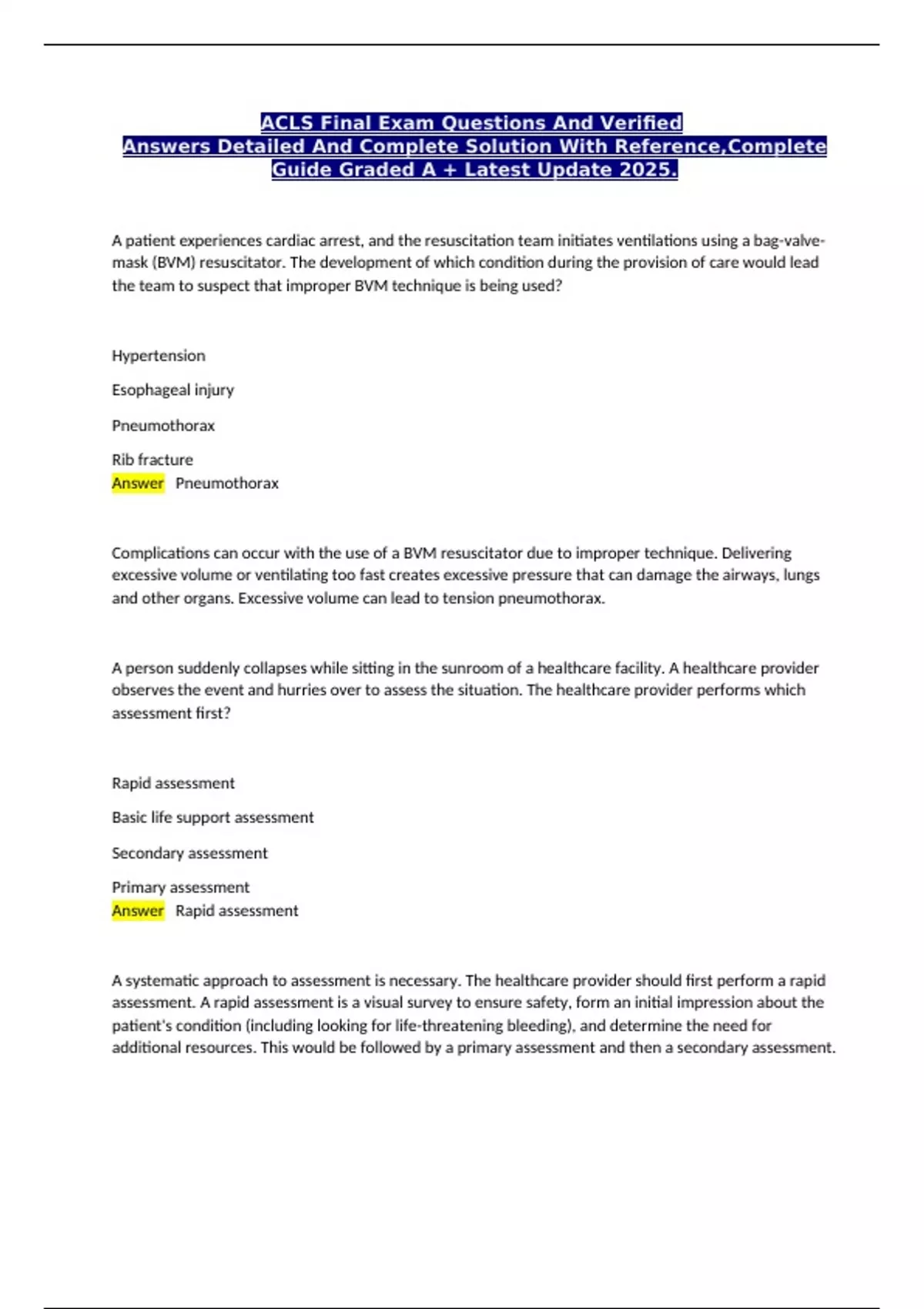 ACLS Final Exam Questions And Verified Answers Detailed And Complete ...