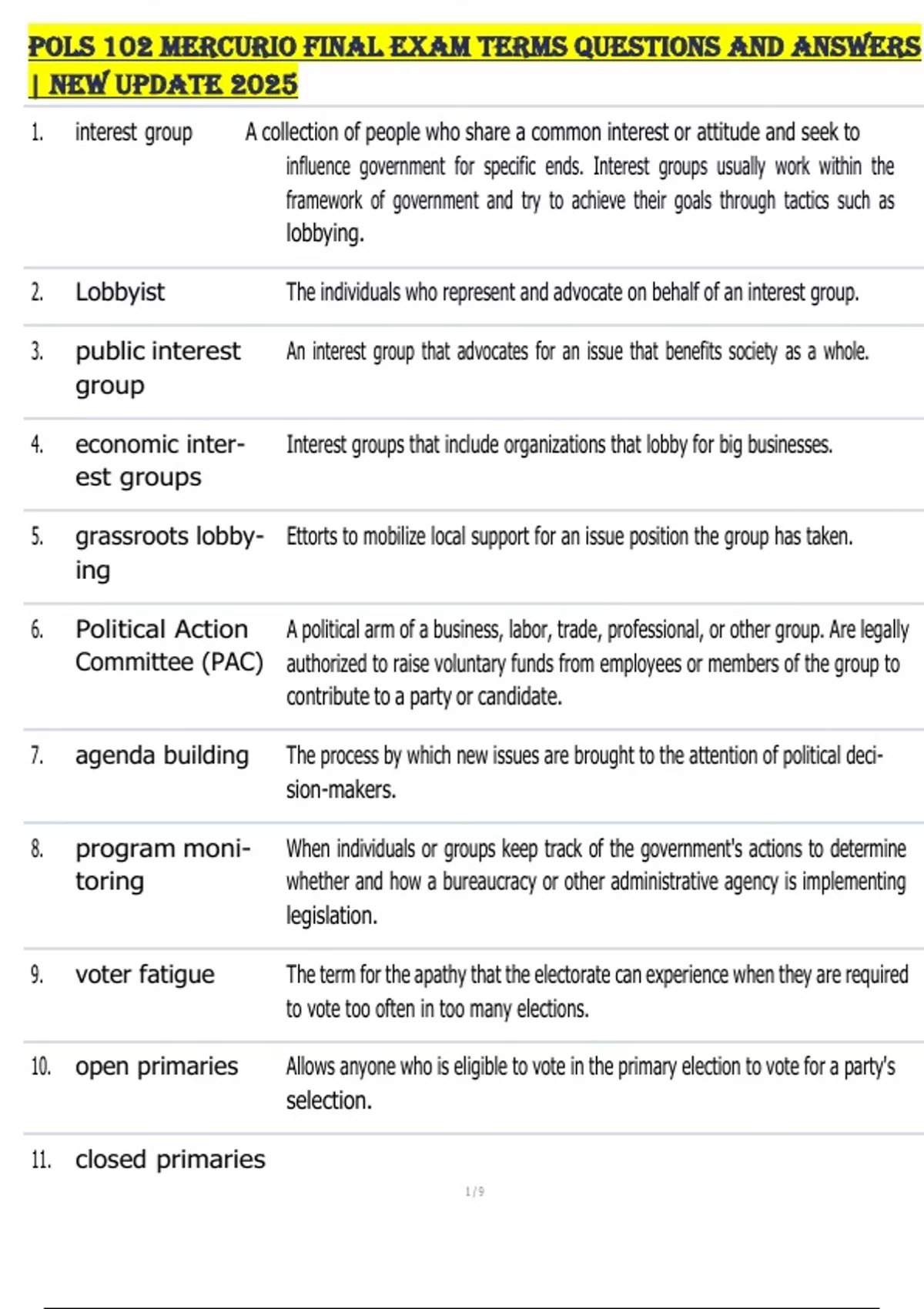 STUDY BUNDLE | POLS 102 MERCURIO FINAL EXAM | POLS 102 SDSU MERCURIO MIDTERM 1|| QUESTIONS AND ...
