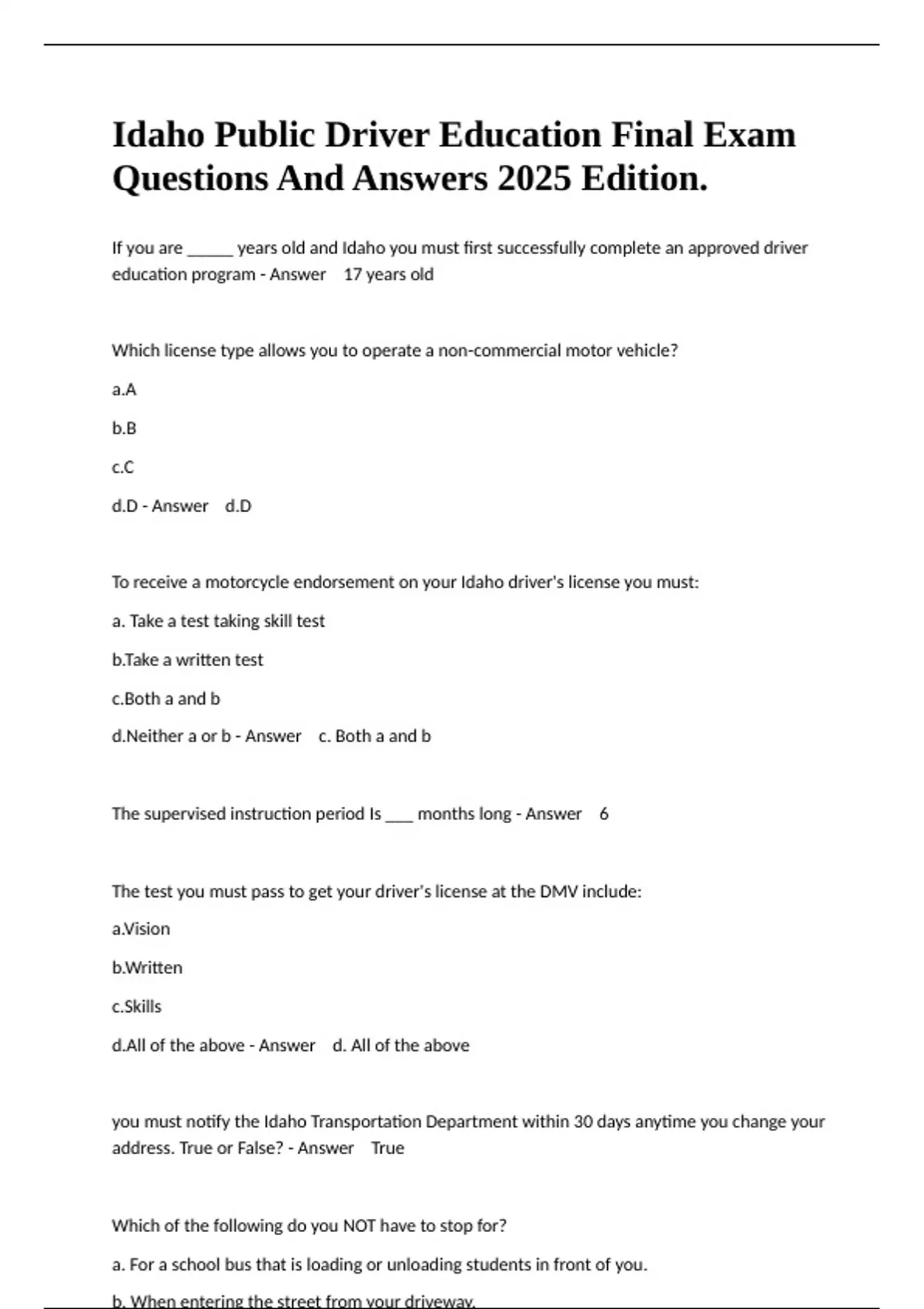 Idaho Public Driver Education Final Exam Questions And Answers 2025 ...