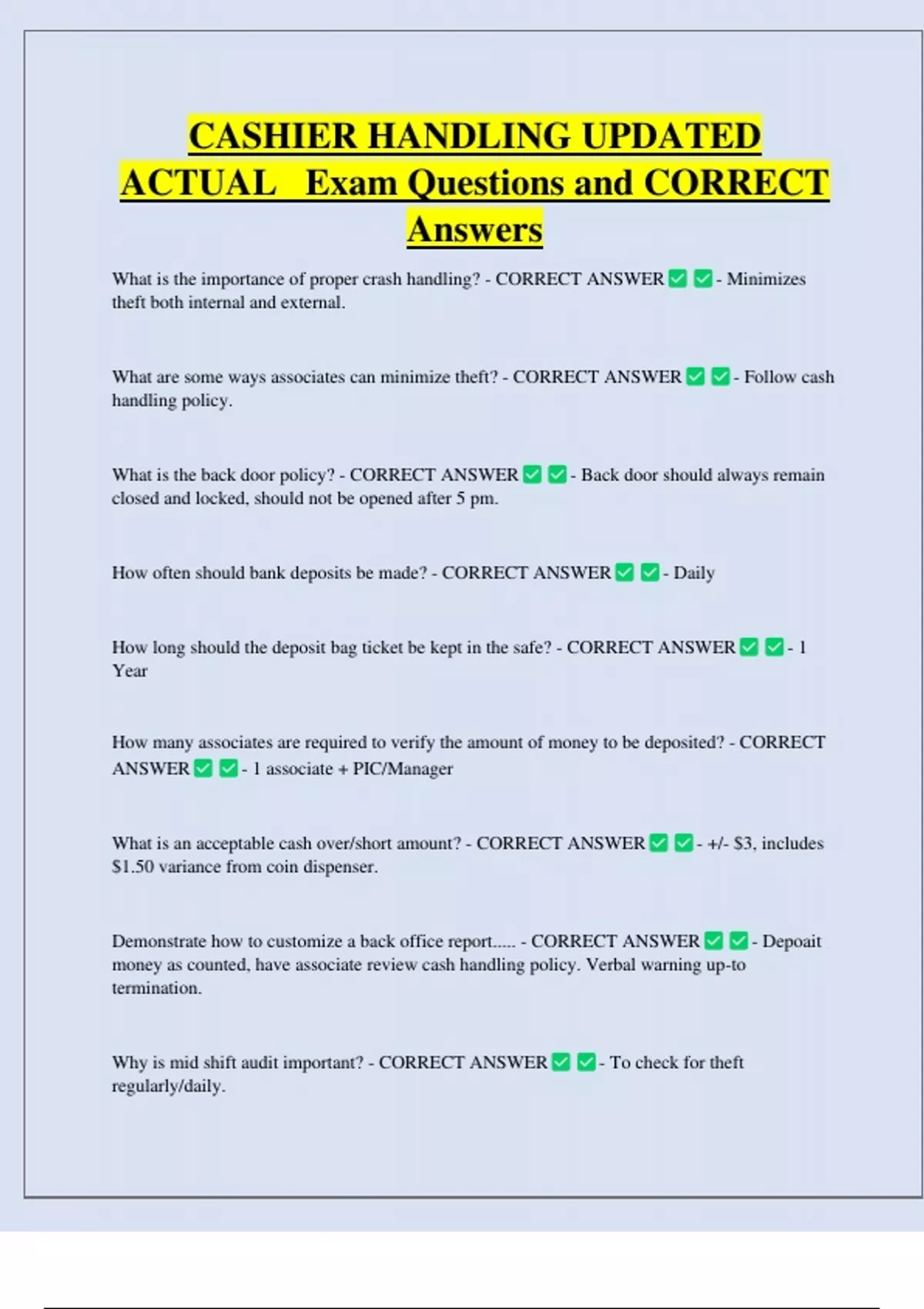 CASHIER HANDLING UPDATED ACTUAL Exam Questions and CORRECT Answers ...