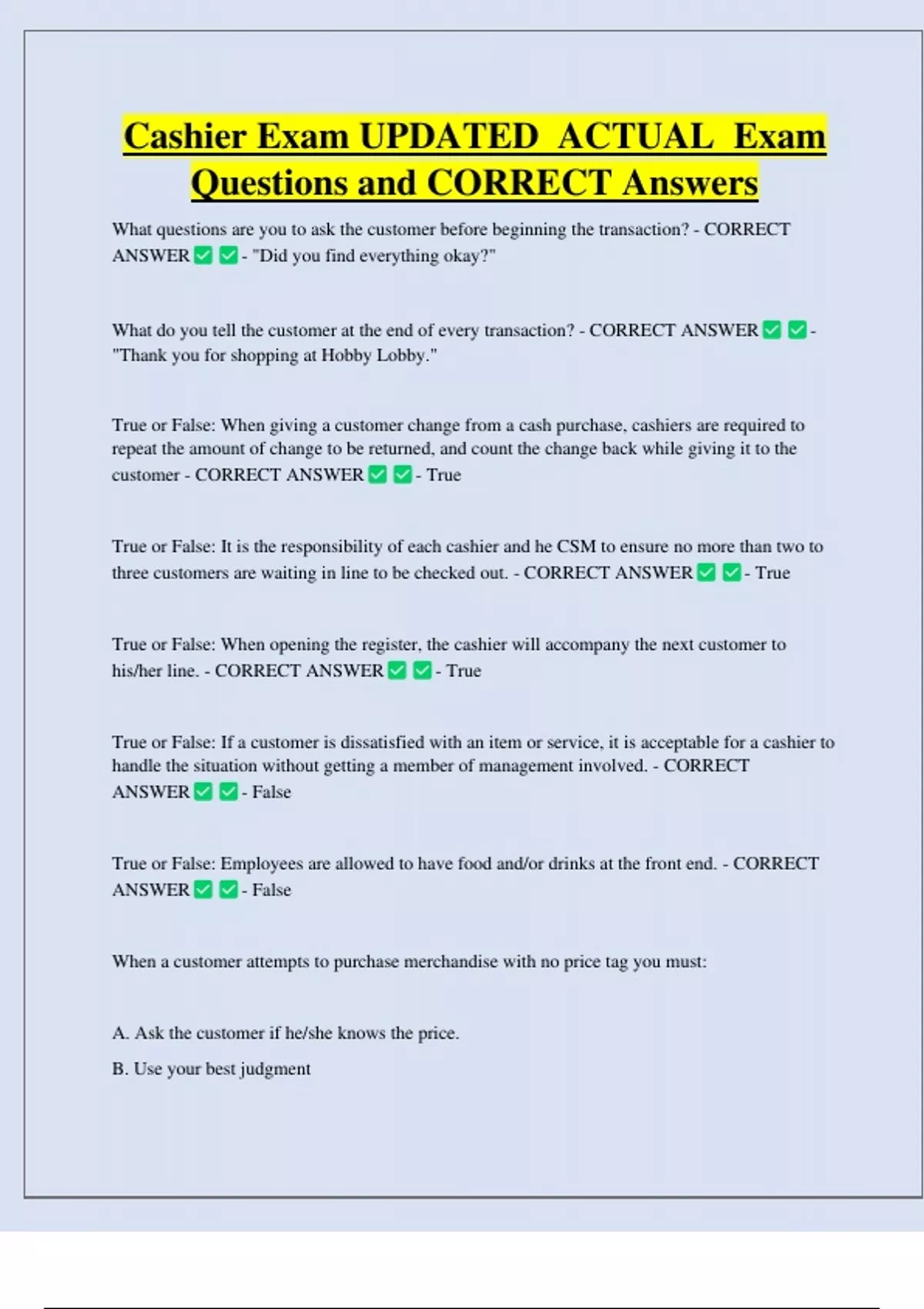 Cashier Exam UPDATED ACTUAL Exam Questions and CORRECT Answers ...