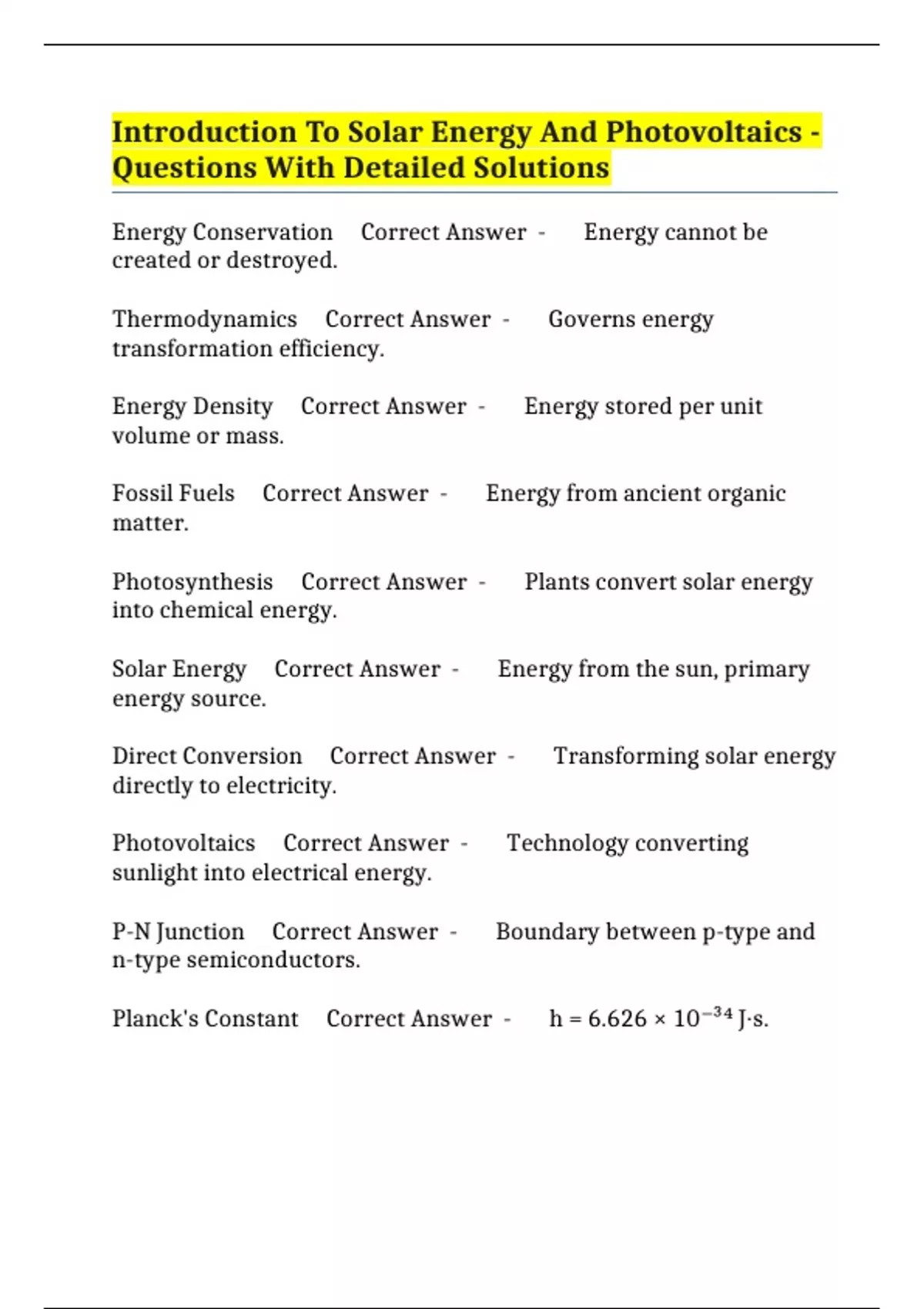 Introduction To Solar Energy And Photovoltaics - Questions With ...