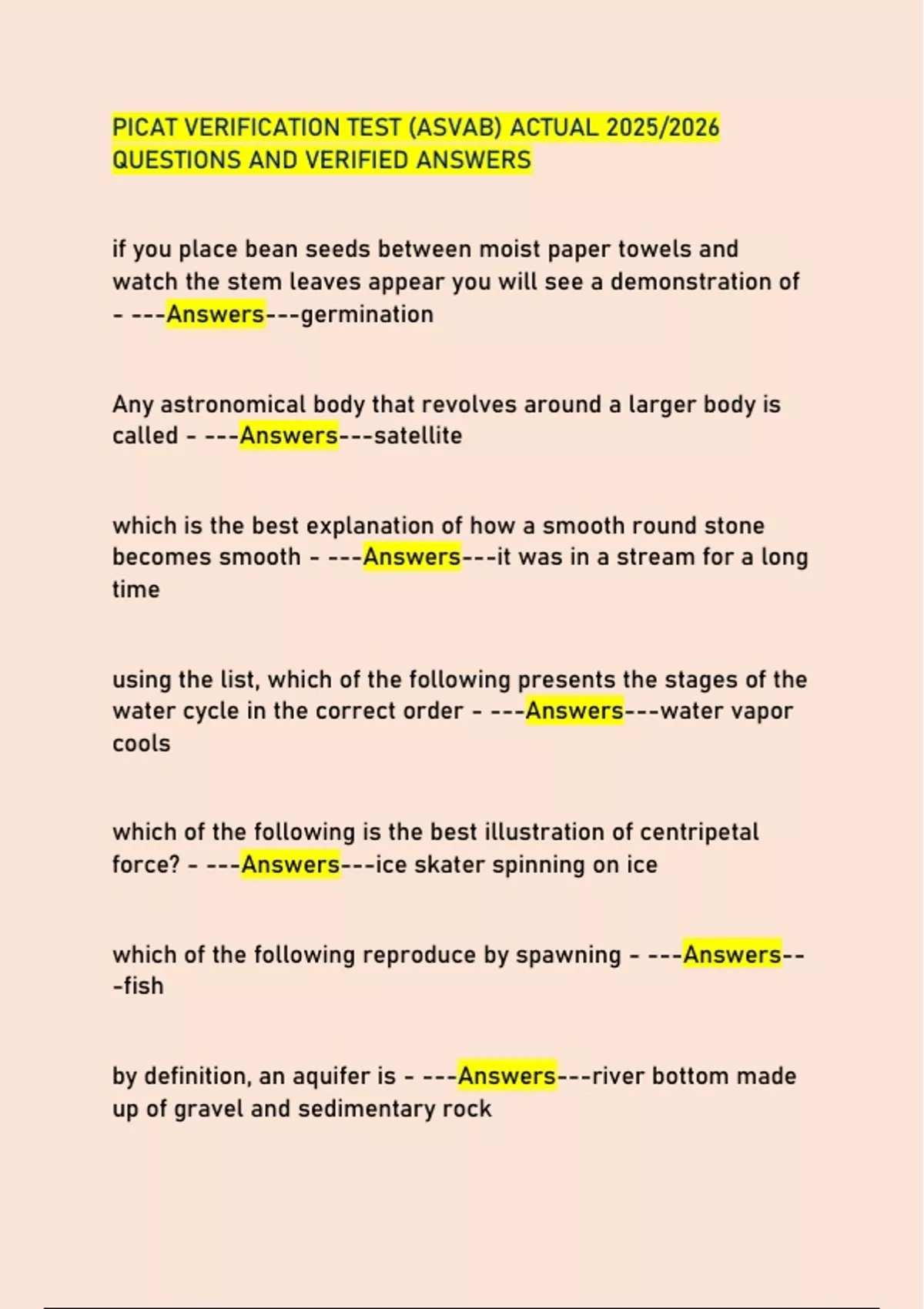 PICAT VERIFICATION TEST (ASVAB) ACTUAL 2025/2026 QUESTIONS AND VERIFIED ...