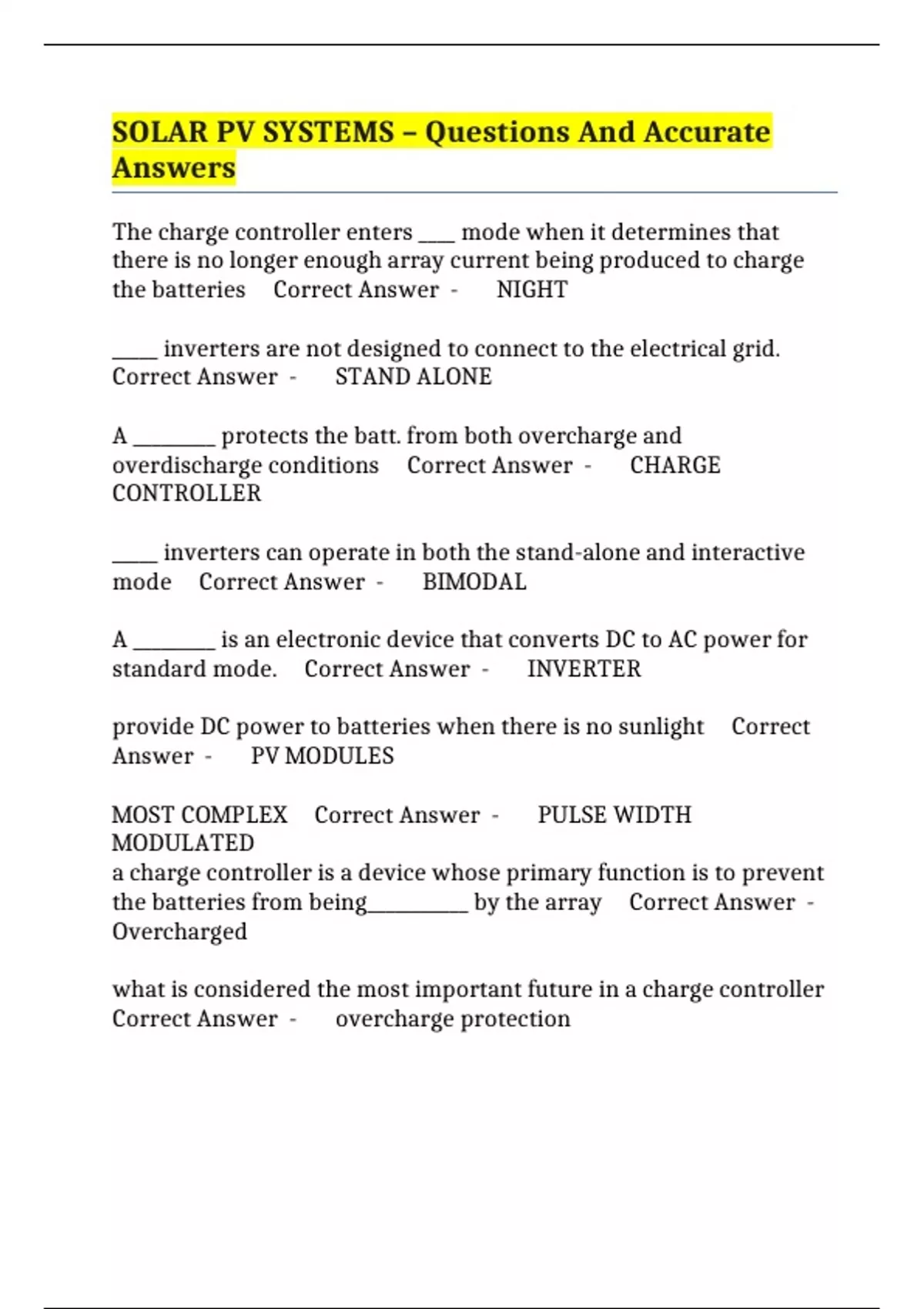 SOLAR PV SYSTEMS – Questions And Accurate Answers - SOLAR PHOTOVOLTAIC SYSTEMS - Stuvia US