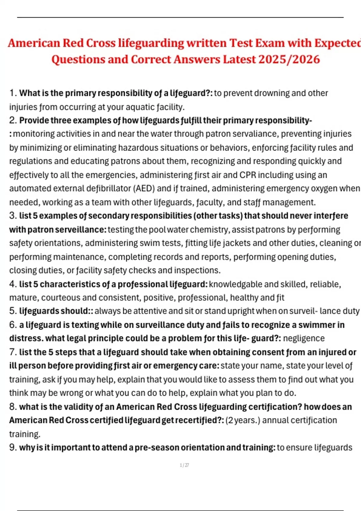 American Red Cross Lifeguarding Written Test – Expected Questions and ...