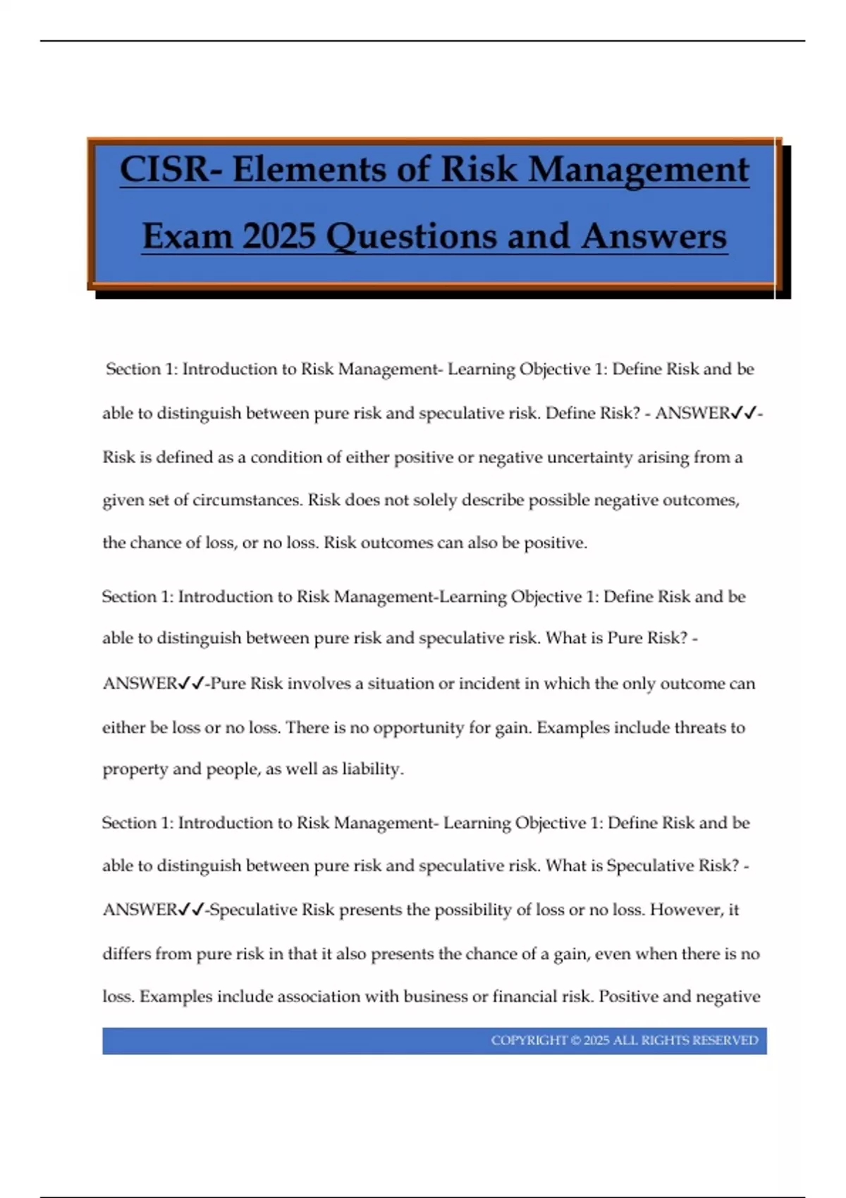 CISR- Elements of Risk Management Exam 2025 Questions and Answers ...