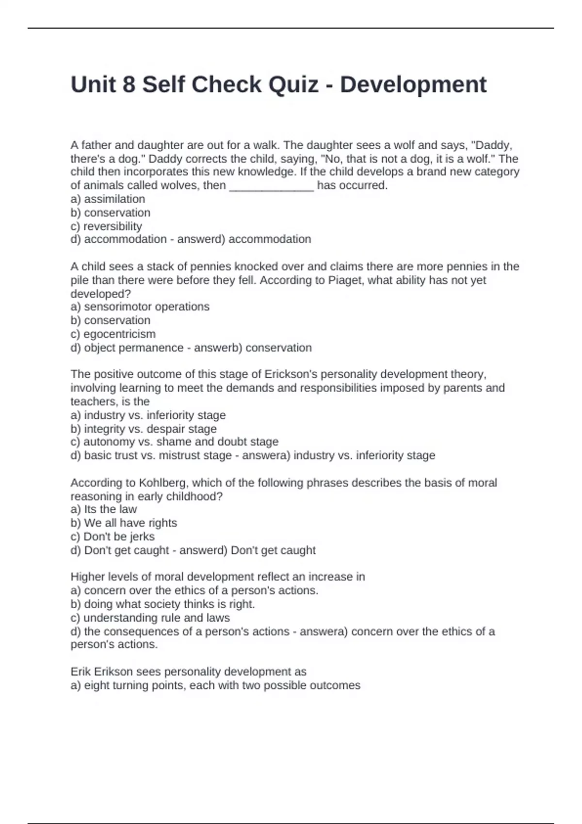 Unit 8 Self Check Quiz - Development Questions and Answers 100% Correct ...