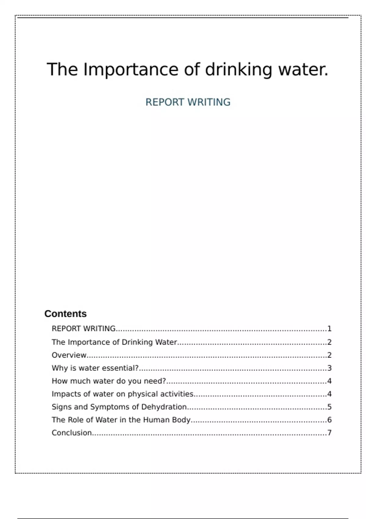 REPORT WRITING-THE IMPORTANCE OF DRINKING WATER - English - Stuvia US