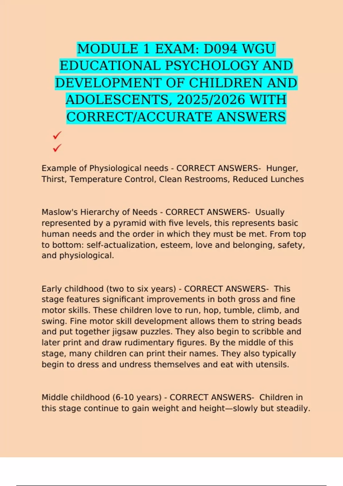 MODULE 1 EXAM: D094 WGU EDUCATIONAL PSYCHOLOGY AND DEVELOPMENT OF ...