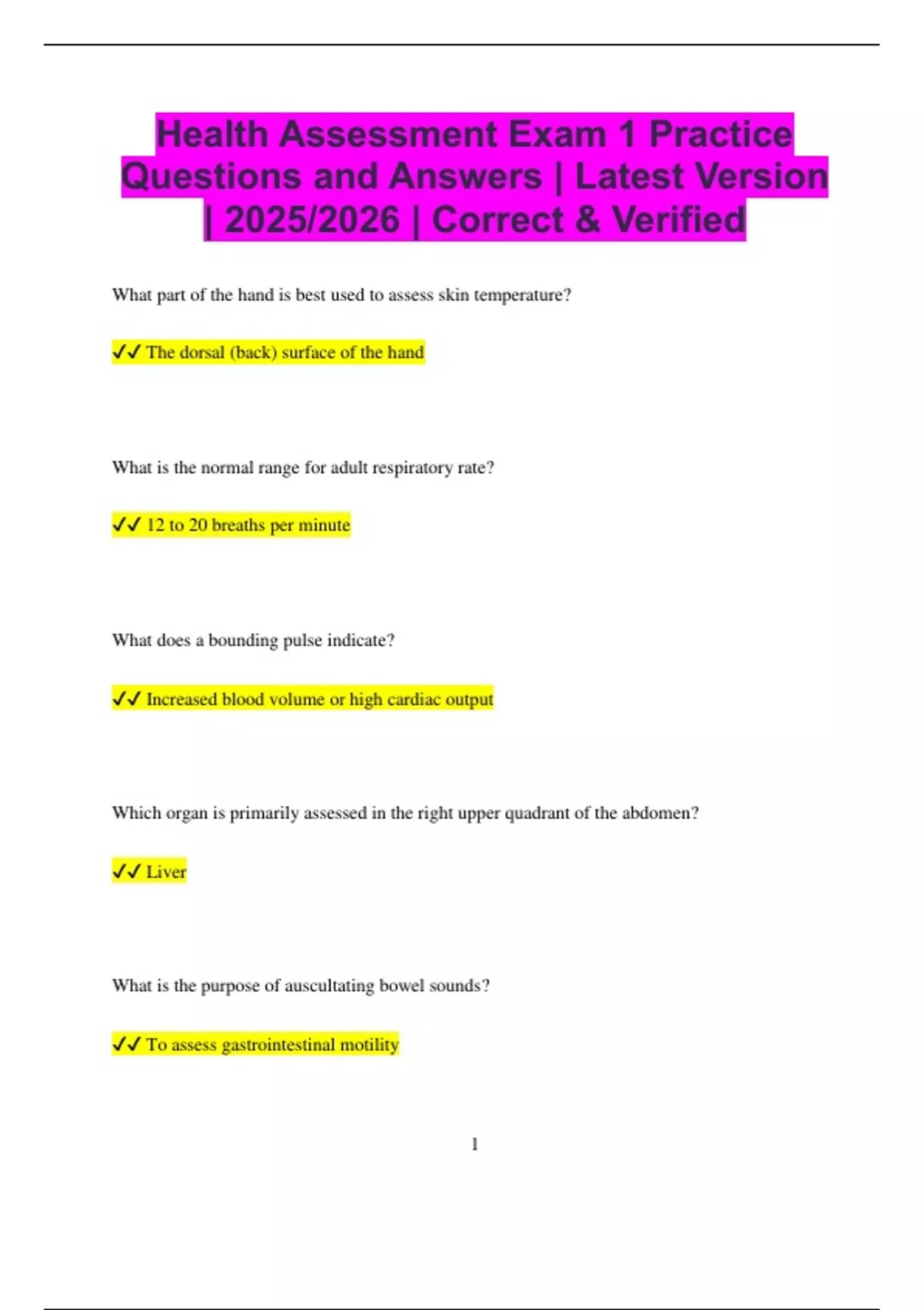 Health Assessment Exam 1 Practice Questions and Answers | Latest ...