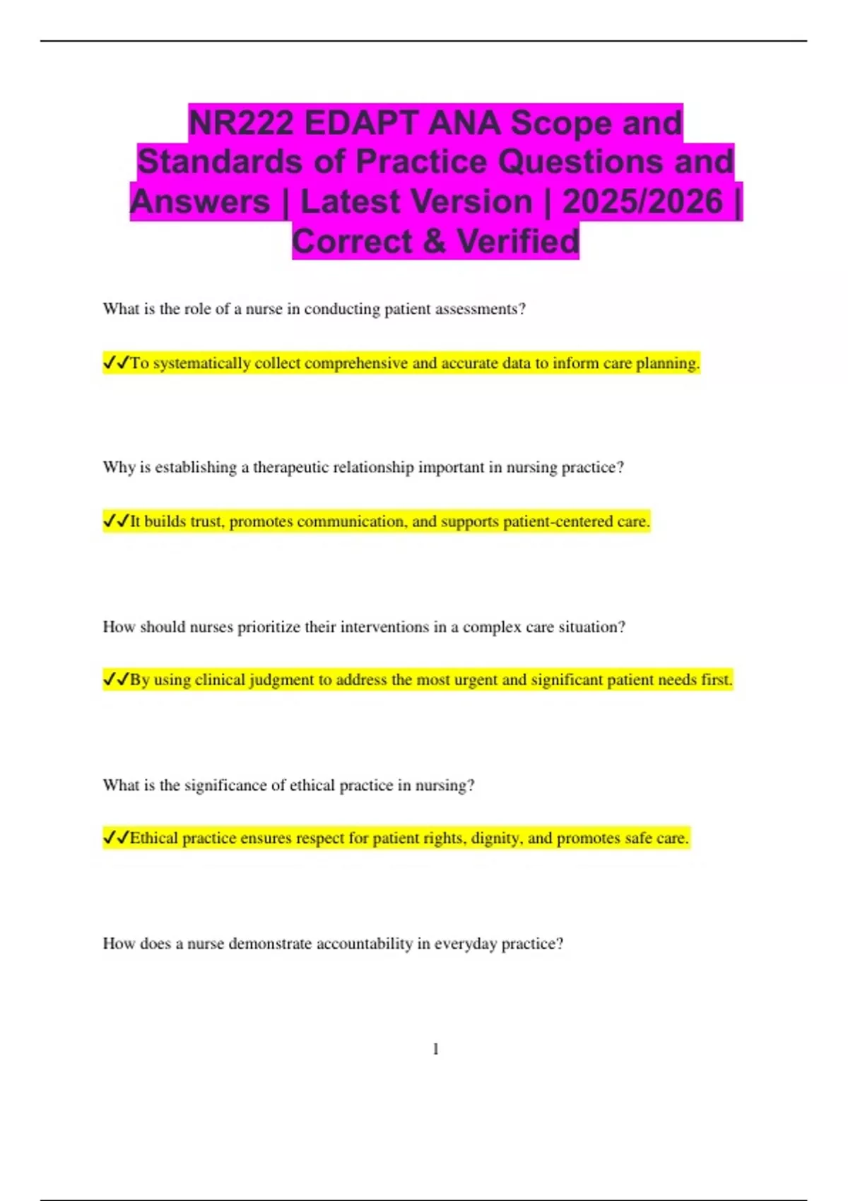 NR222 EDAPT ANA Scope and Standards of Practice Questions and Answers ...