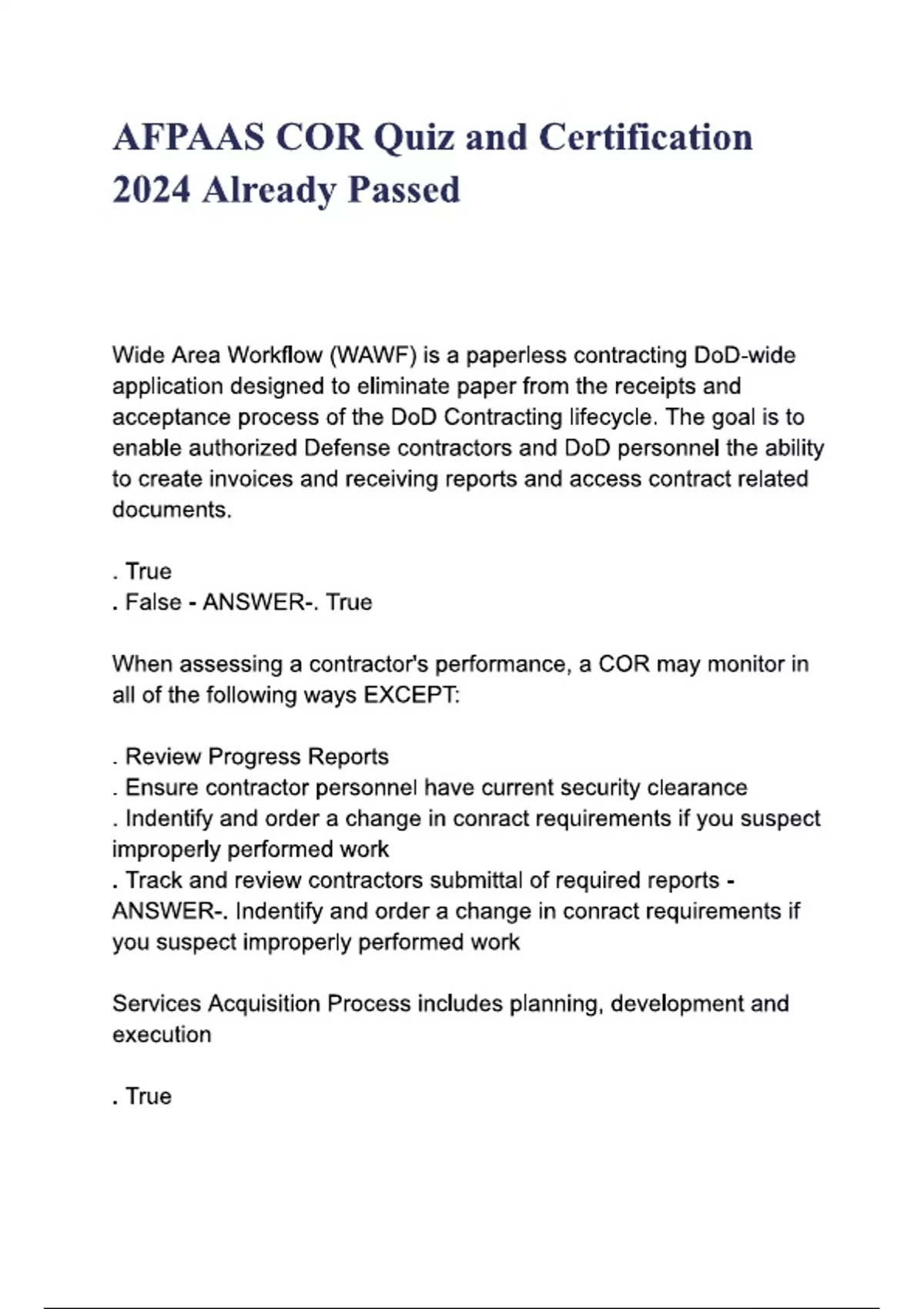 AFPAAS COR Quiz and Certification 2024 Already Passed questions and ...