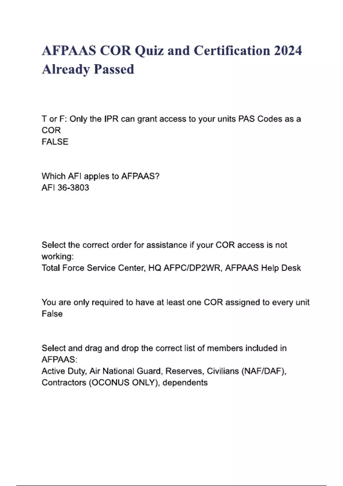 AFPAAS COR Quiz and Certification 2024 Already Passed questions and ...