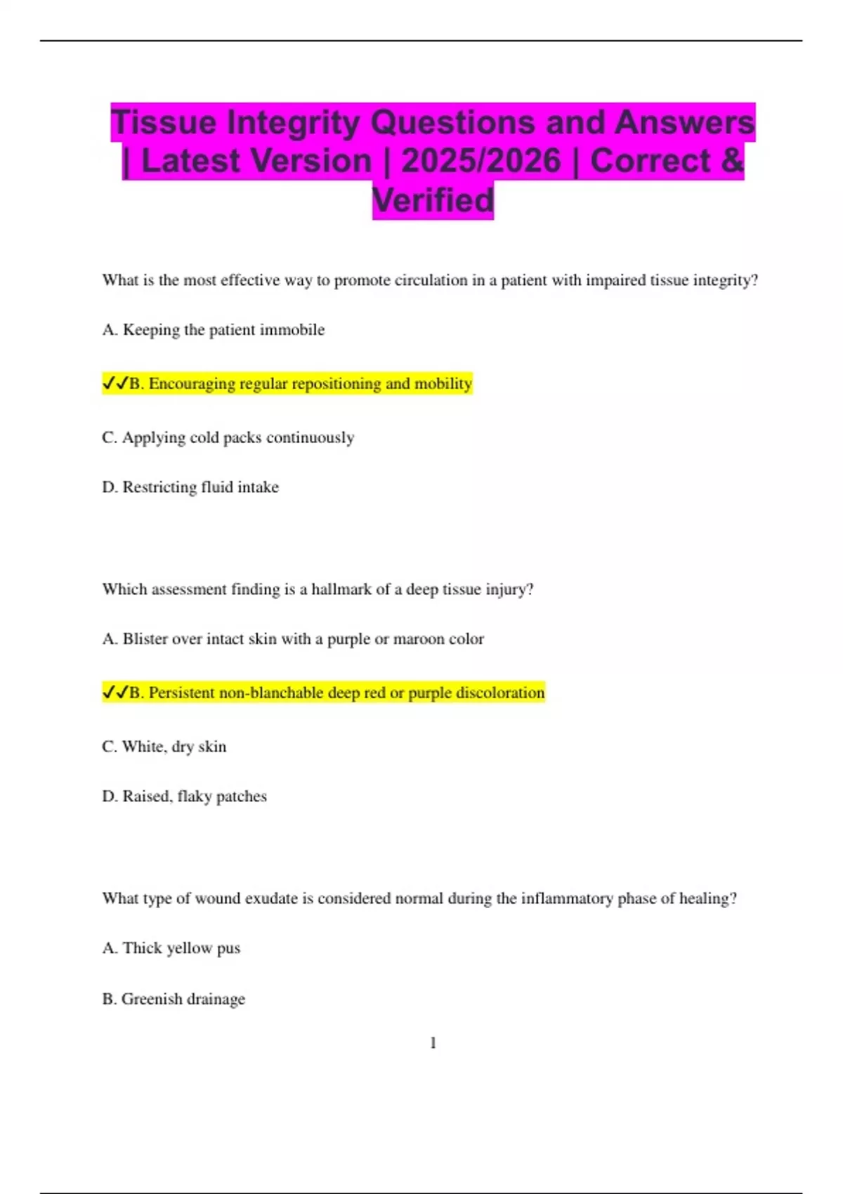 Tissue Integrity Questions and Answers | Latest Version | 2025/2026 ...
