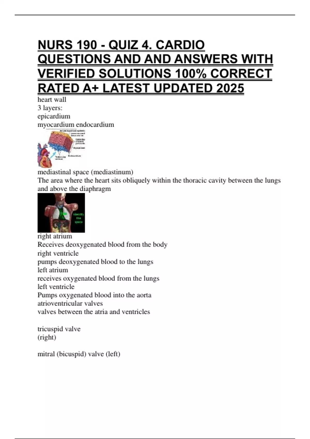 NURS 190 - QUIZ 4. CARDIO QUESTIONS AND AND ANSWERS WITH VERIFIED ...