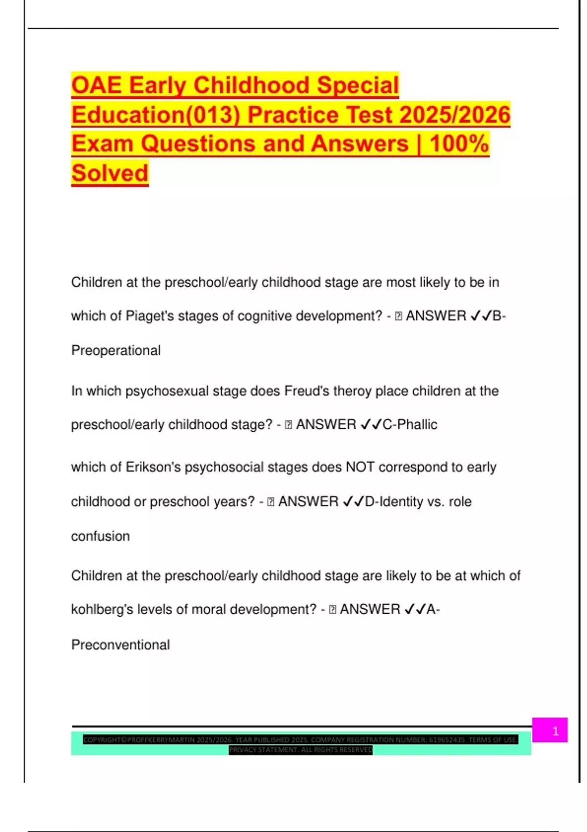 OAE Early Childhood Special Education(013) Practice Test 2025/2026 Exam ...
