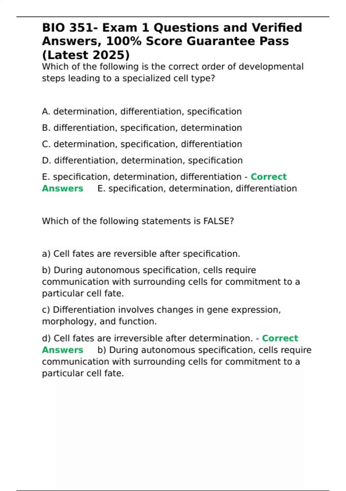 BIO 351- Exam 1 Questions and Verified Answers, 100- Score Guarantee ...