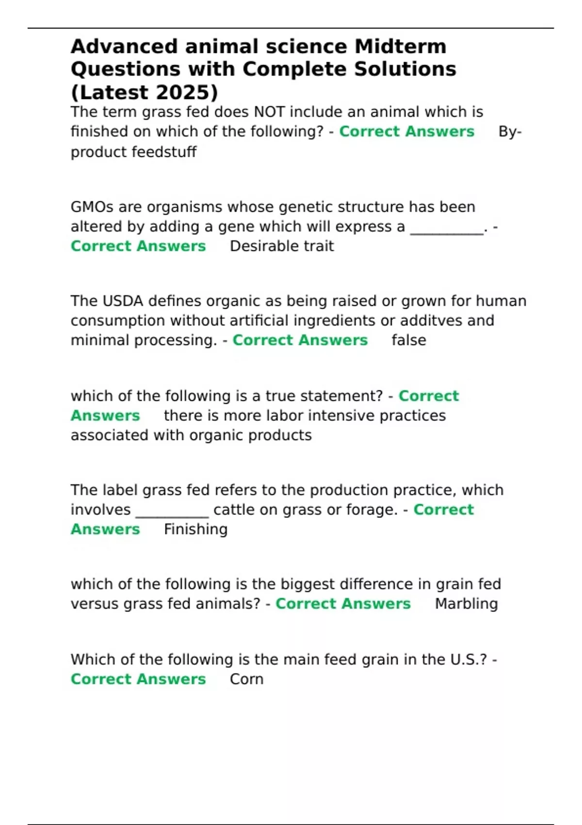 Advanced animal science Midterm Questions with Complete Solutions ...