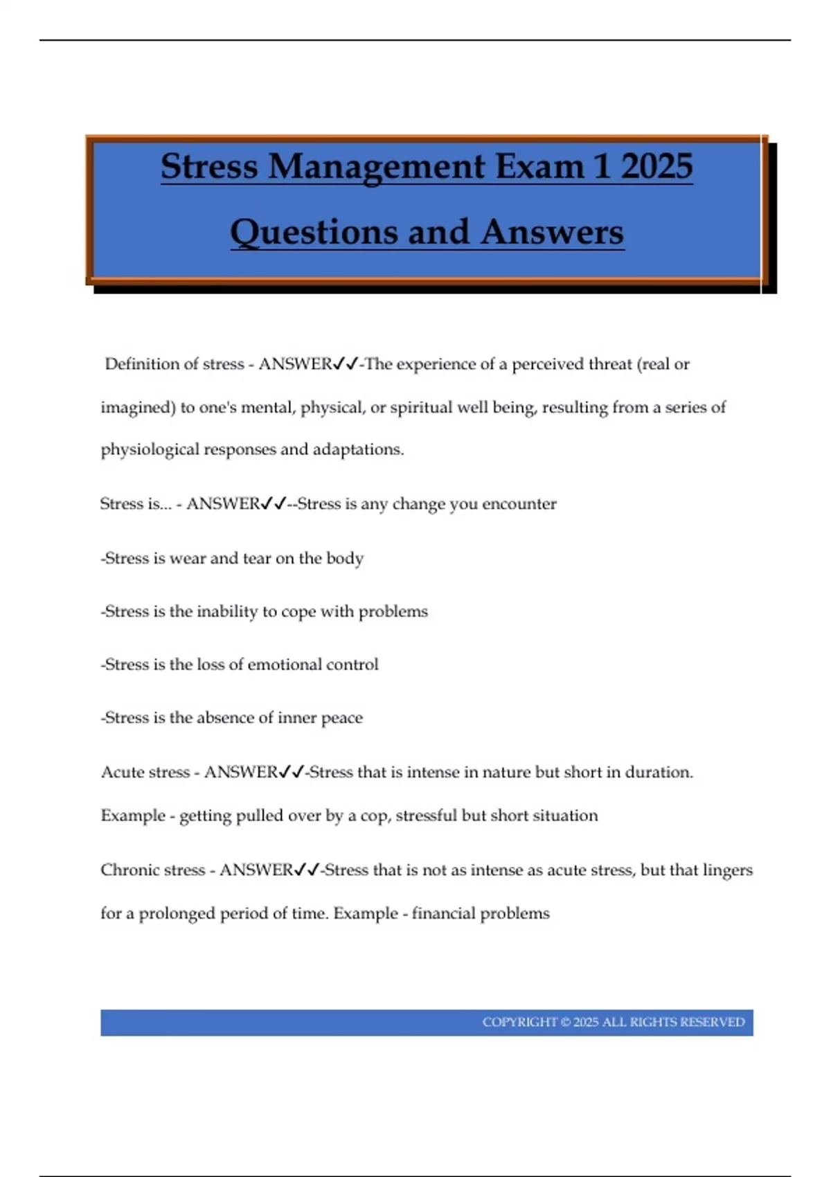 Stress Management Exam 1 2025 Questions and Answers - Stress Management ...
