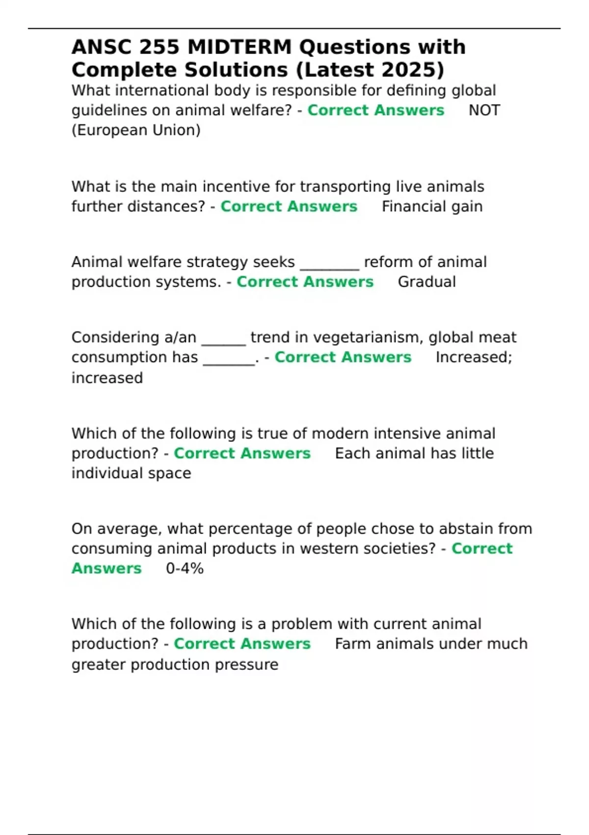 ANSC 255 MIDTERM Questions with Complete Solutions (Latest 2025) - ANSC ...