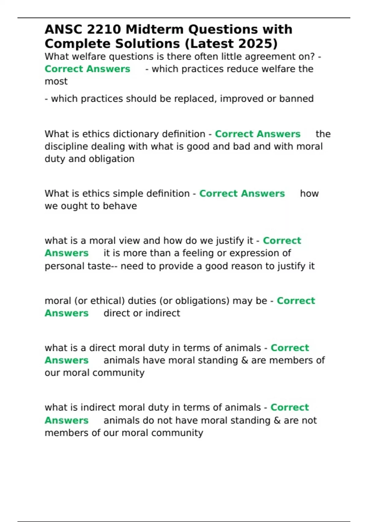 ANSC 2210 Midterm Questions with Complete Solutions (Latest 2025 ...