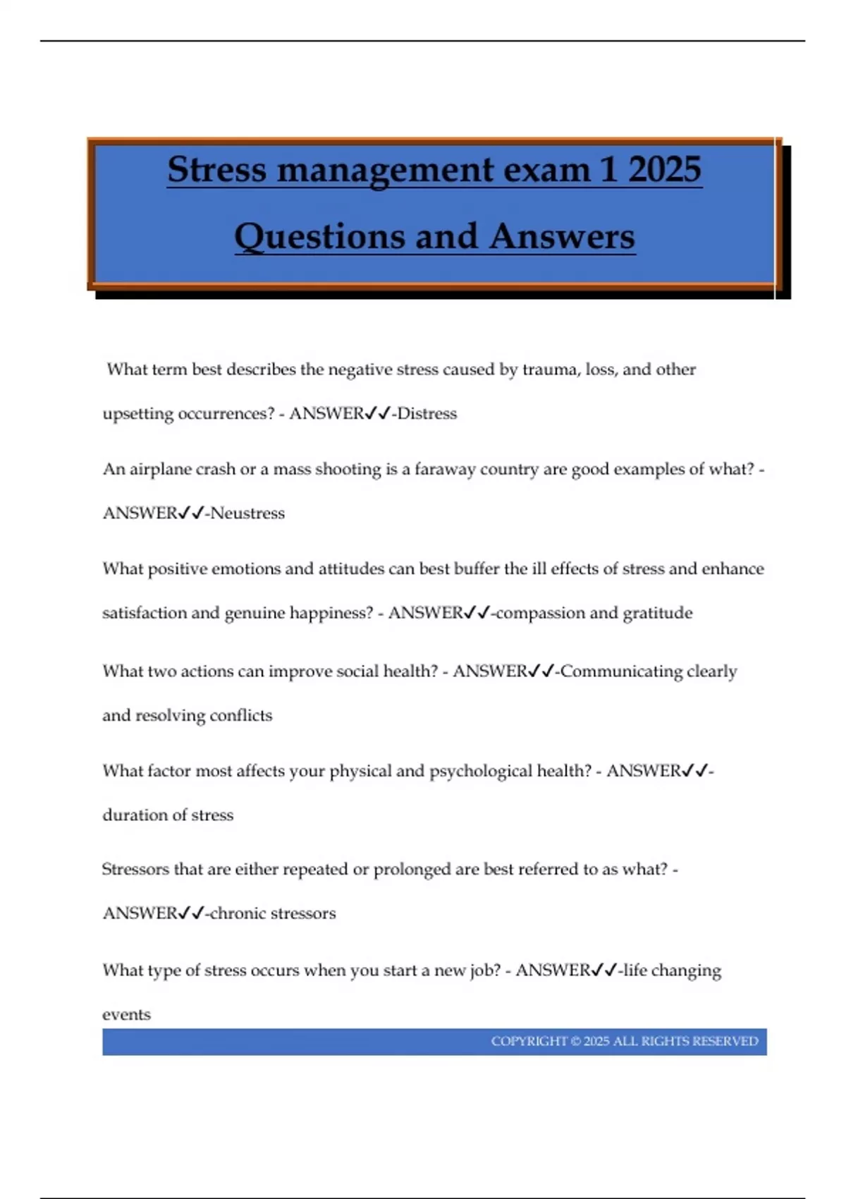 Stress management exam 1 2025 Questions and Answers - Stress Management ...