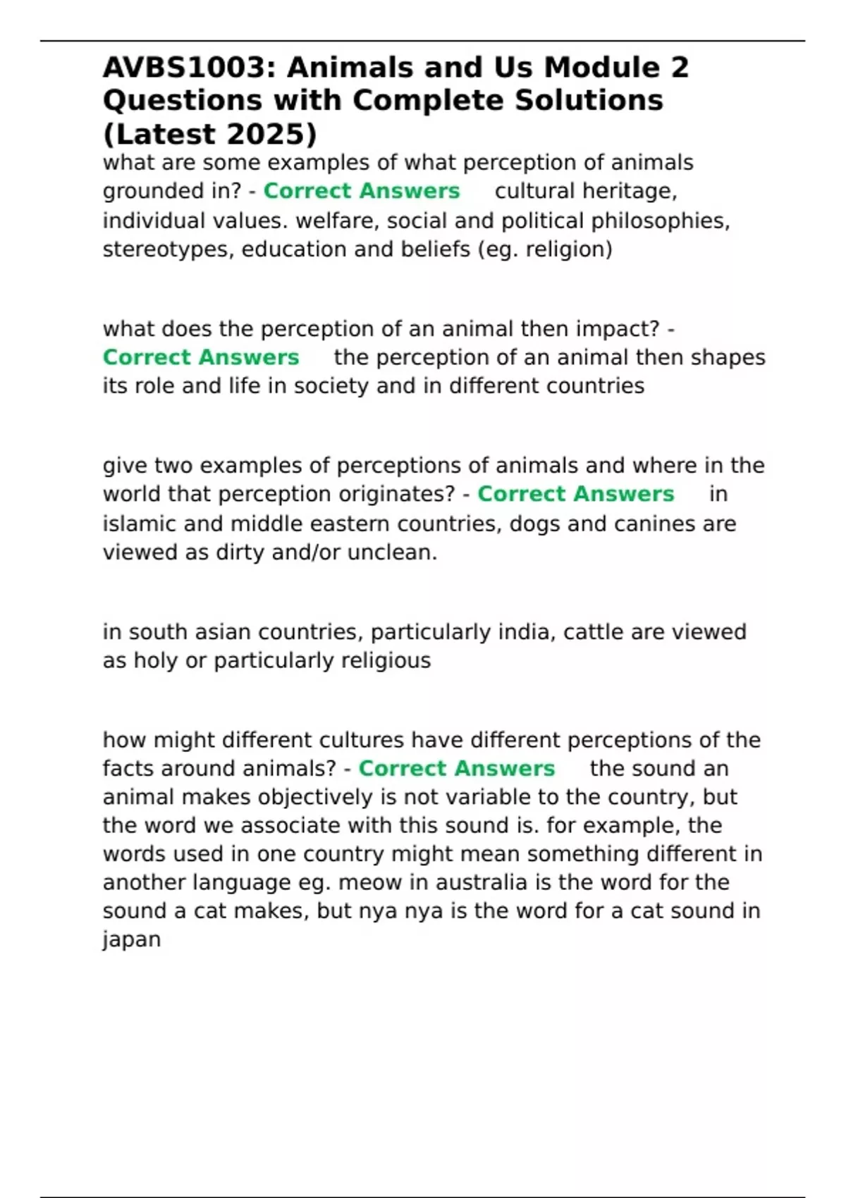 AVBS1003 Animals and Us Module 2 Questions with Complete Solutions ...