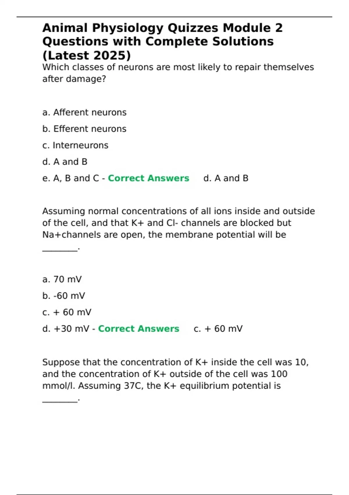 Summary Animal Physiology Quizzes Module 2 Questions with Complete ...