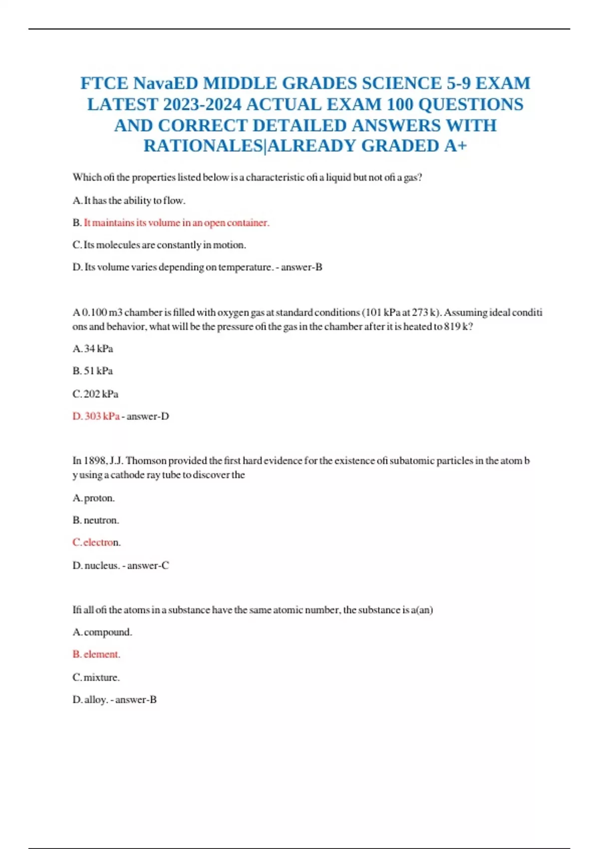 FTCE NavaED MIDDLE GRADES SCIENCE 5-9 EXAM LATEST ACTUAL EXAM 100 ...