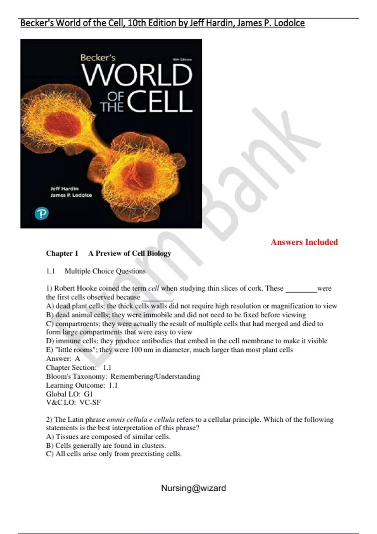 Becker's World of the Cell Exam Test Bank 10th Edition by Jeff Hardin ...