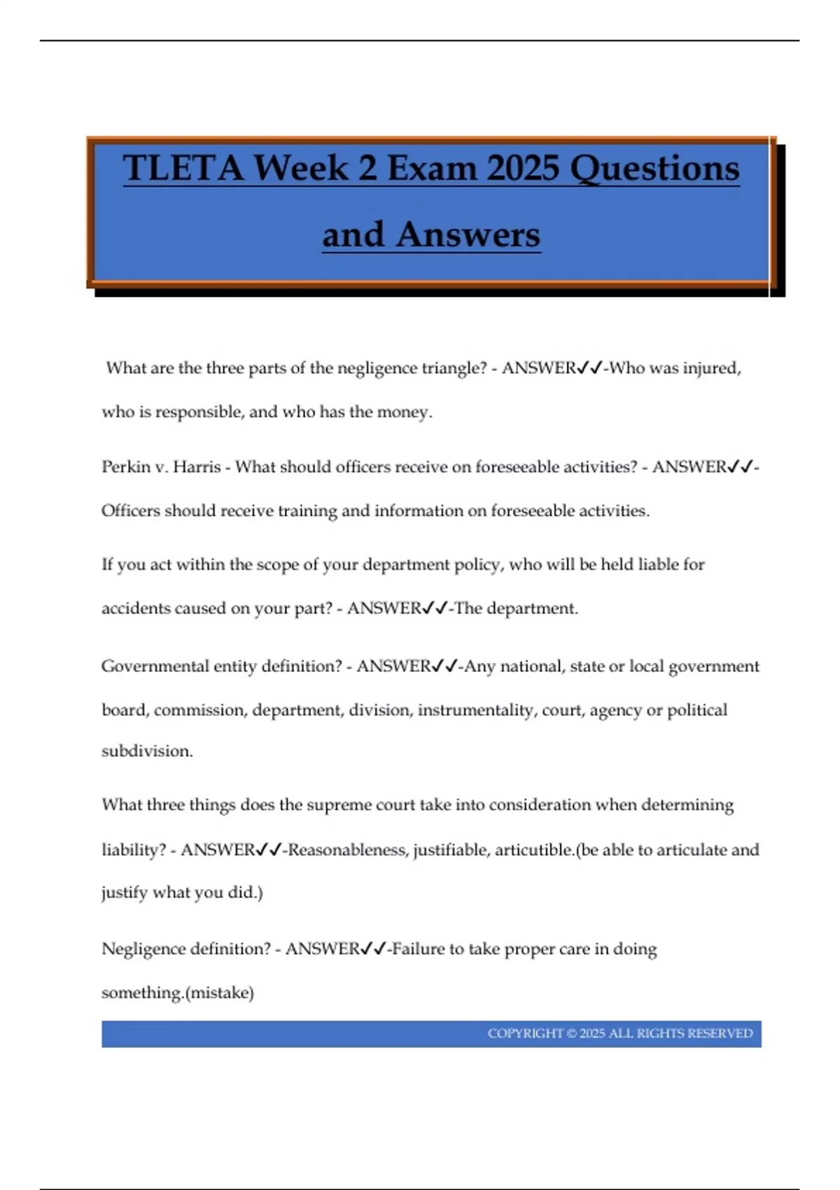TLETA Week 2 Exam 2025 Questions and Answers - TLETA - Stuvia US