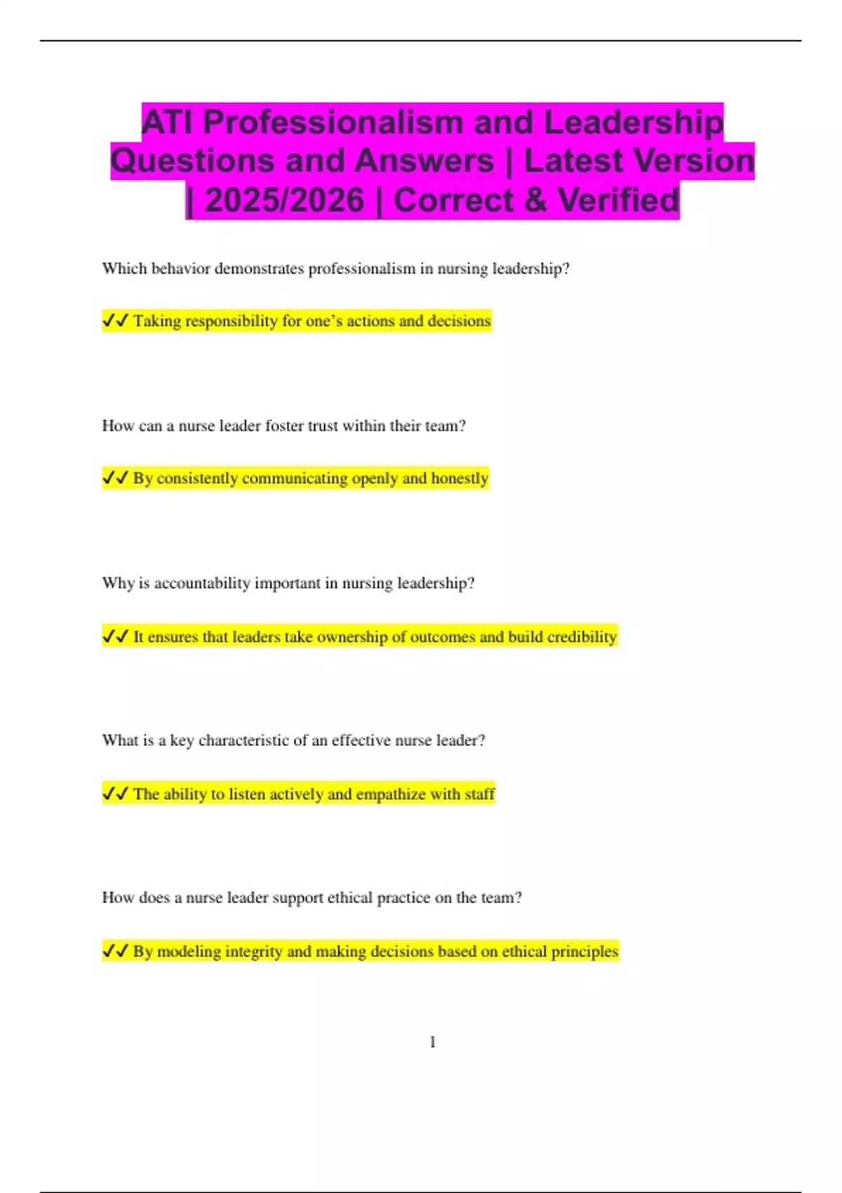 ATI Professionalism and Leadership Questions and Answers | Latest ...