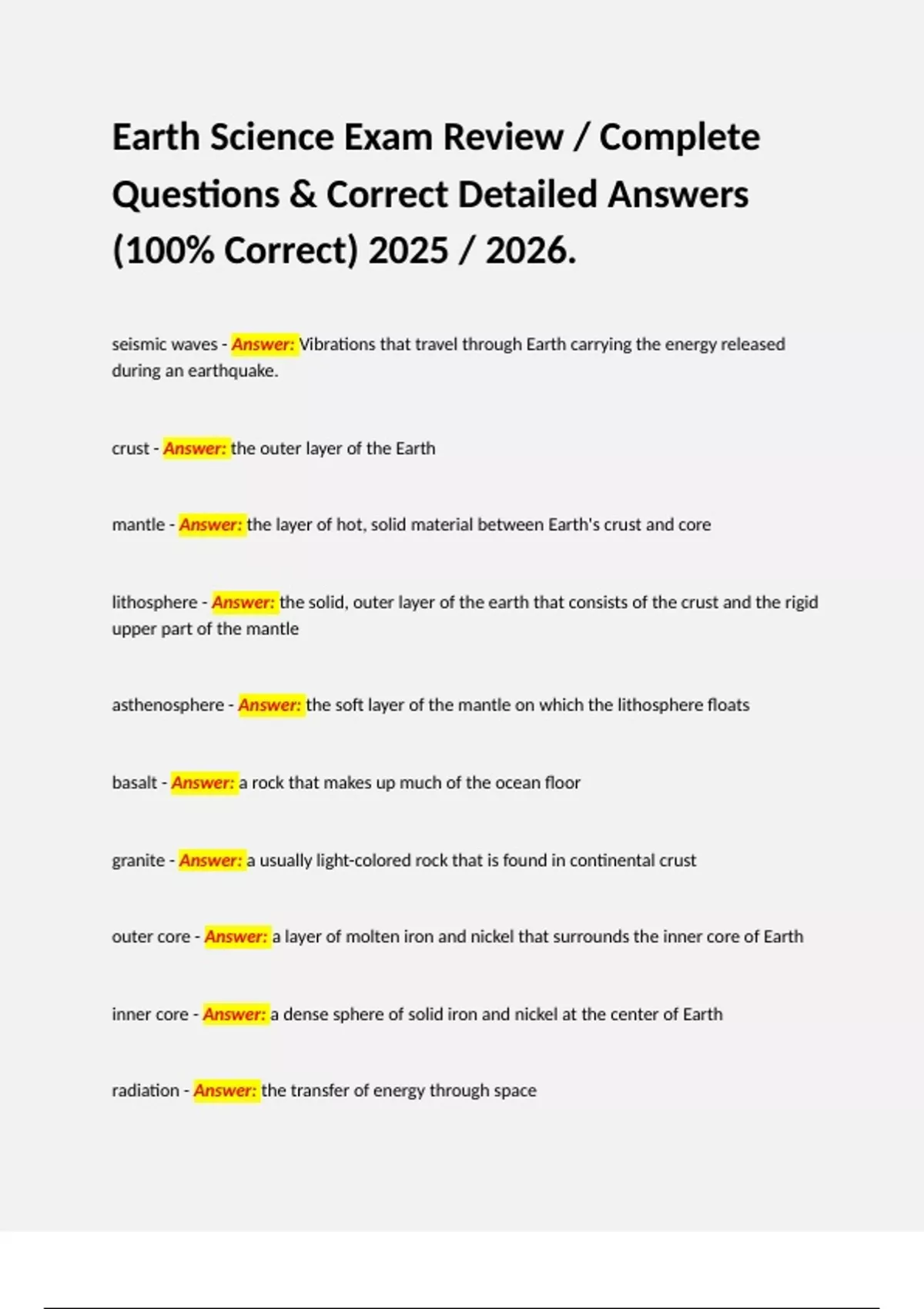 Earth Science Exam Review / Complete Questions & Correct Detailed ...