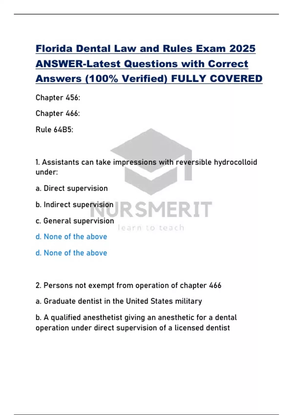 Florida Dental Law and Rules Exam 2025 Answers-Latest Questions with ...