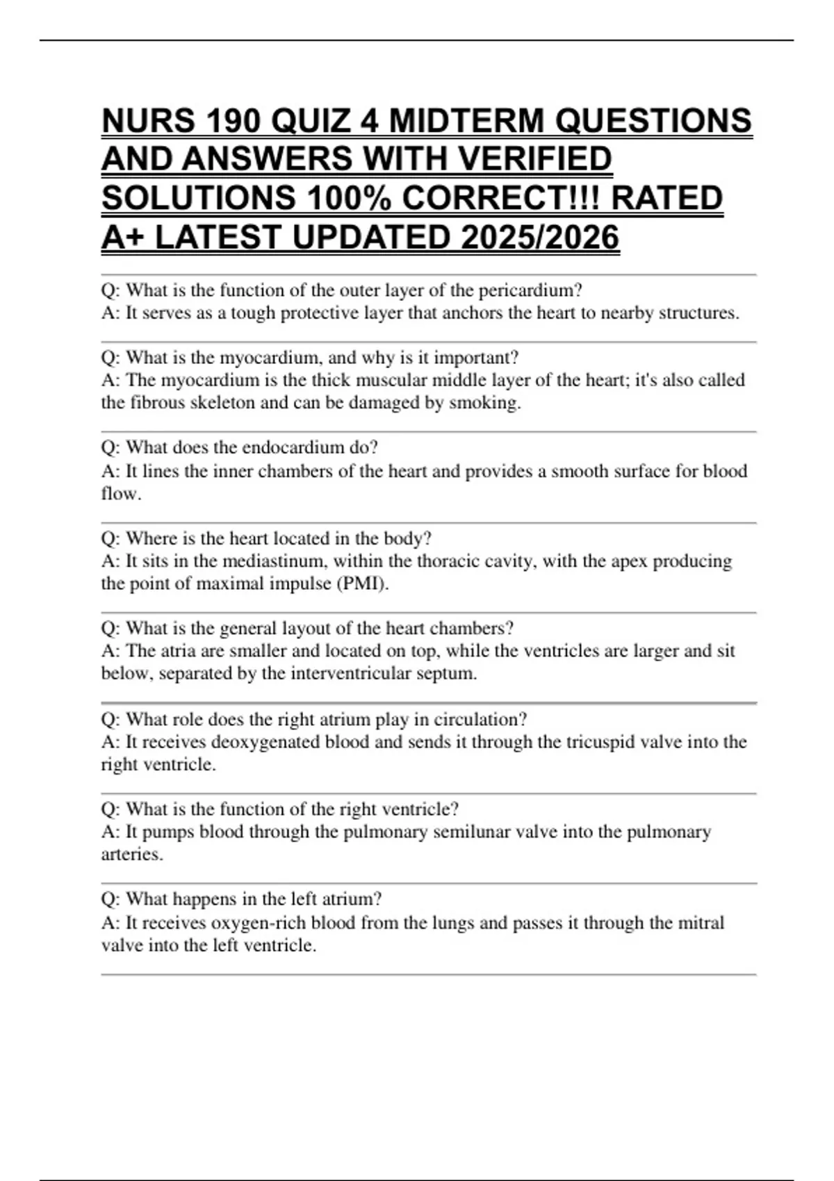 NURS 190 QUIZ 4 MIDTERM QUESTIONS AND ANSWERS WITH VERIFIED SOLUTIONS 100% CORRECT!!! RATED A+ ...