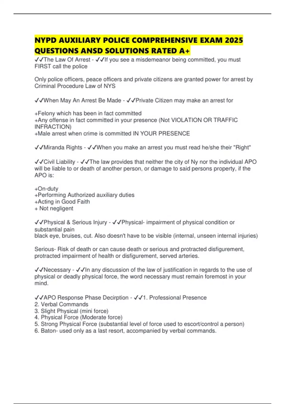 NYPD AUXILIARY POLICE COMPREHENSIVE EXAM 2025 QUESTIONS ANSD SOLUTIONS ...