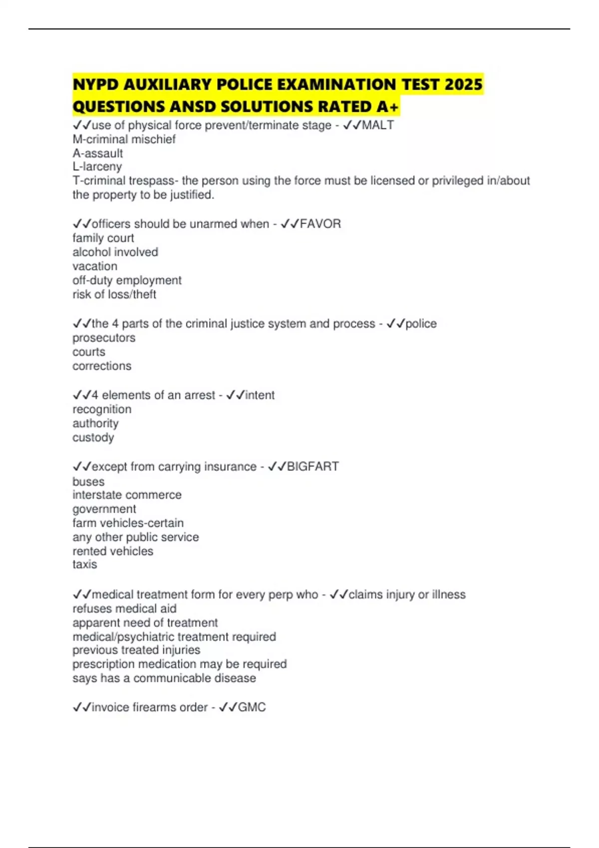 NYPD AUXILIARY POLICE EXAMINATION TEST 2025 QUESTIONS ANSD SOLUTIONS ...