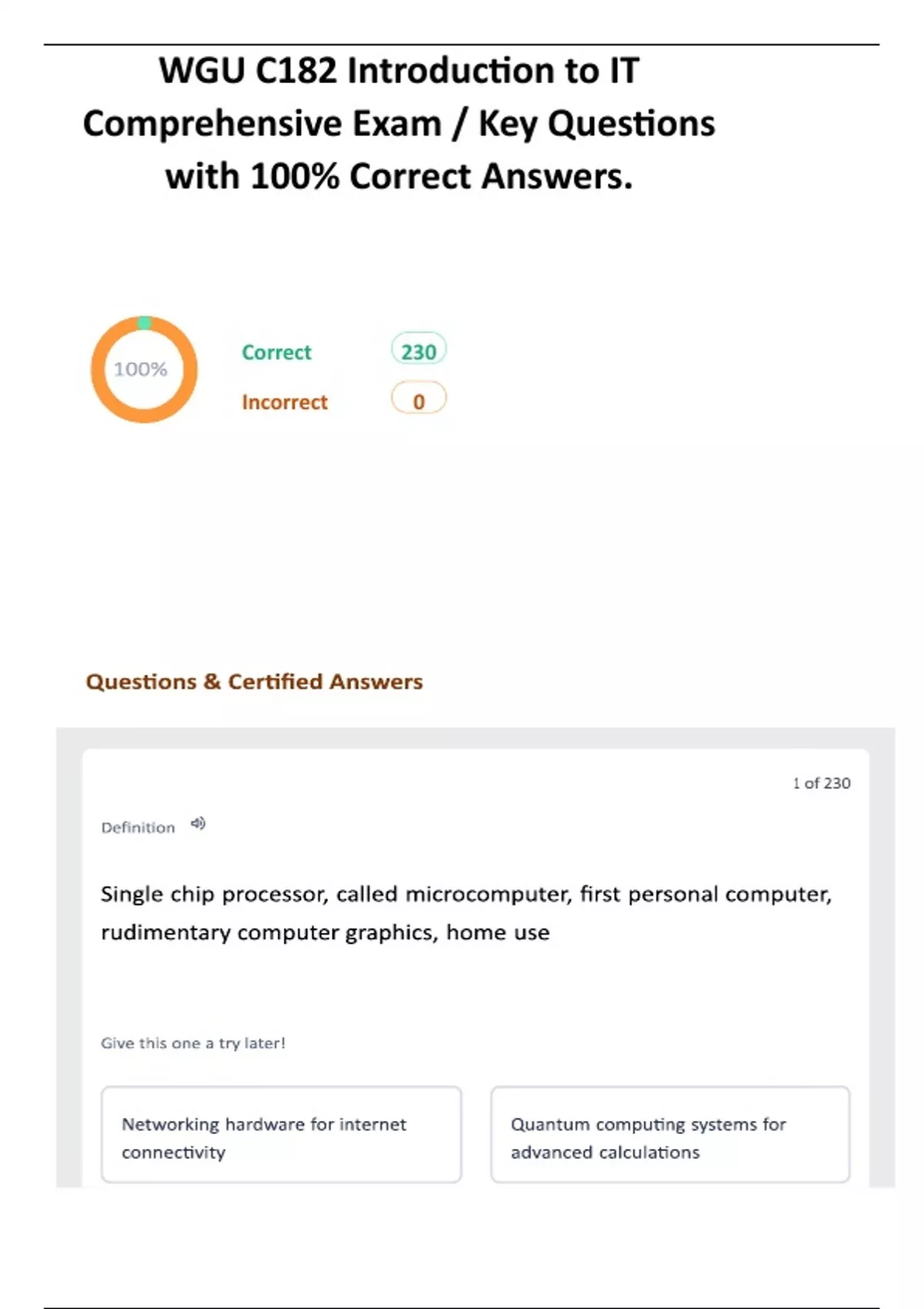 WGU C182 Introduction to IT Comprehensive Exam / Key Questions with 100 ...