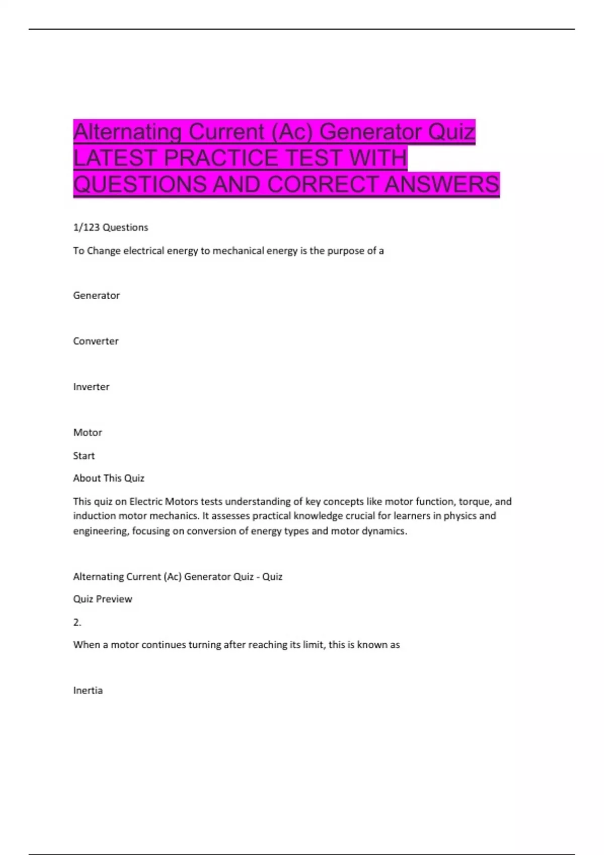 Alternating Current (AC) Generator and Motor Systems – Complete Quiz ...