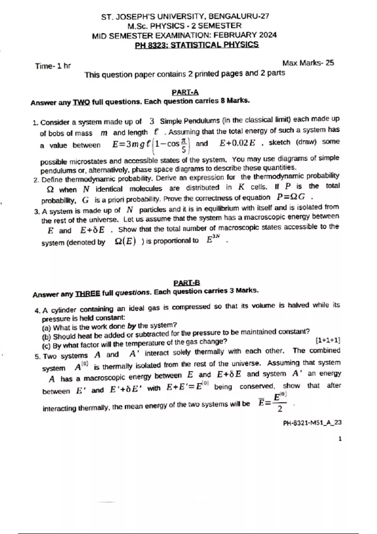 Summary Statistical Physics Mid sem question paper 2024 - PH 8323 - Stuvia US