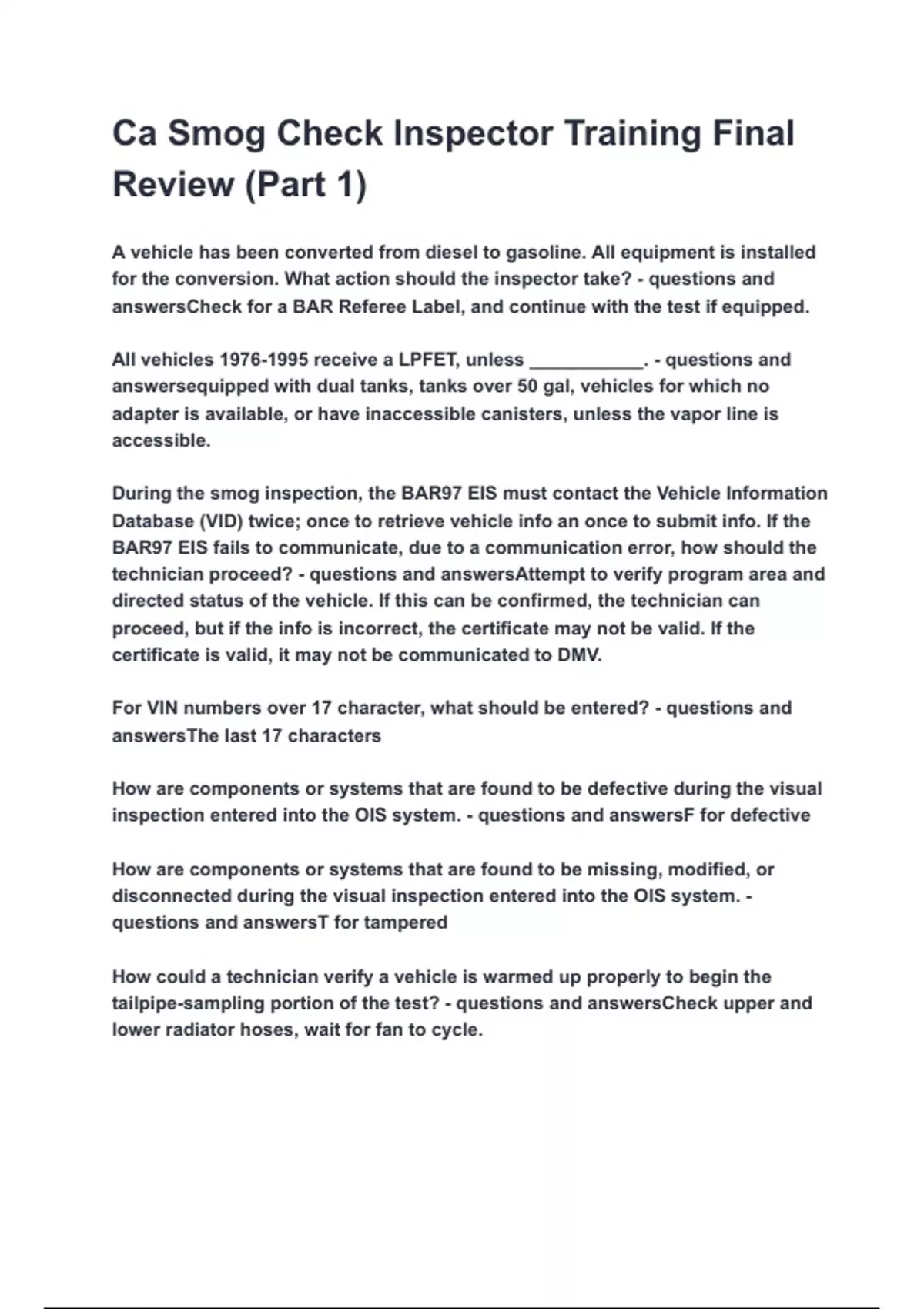 Ca Smog Check Inspector Training Final Review (Part 1) questions and ...