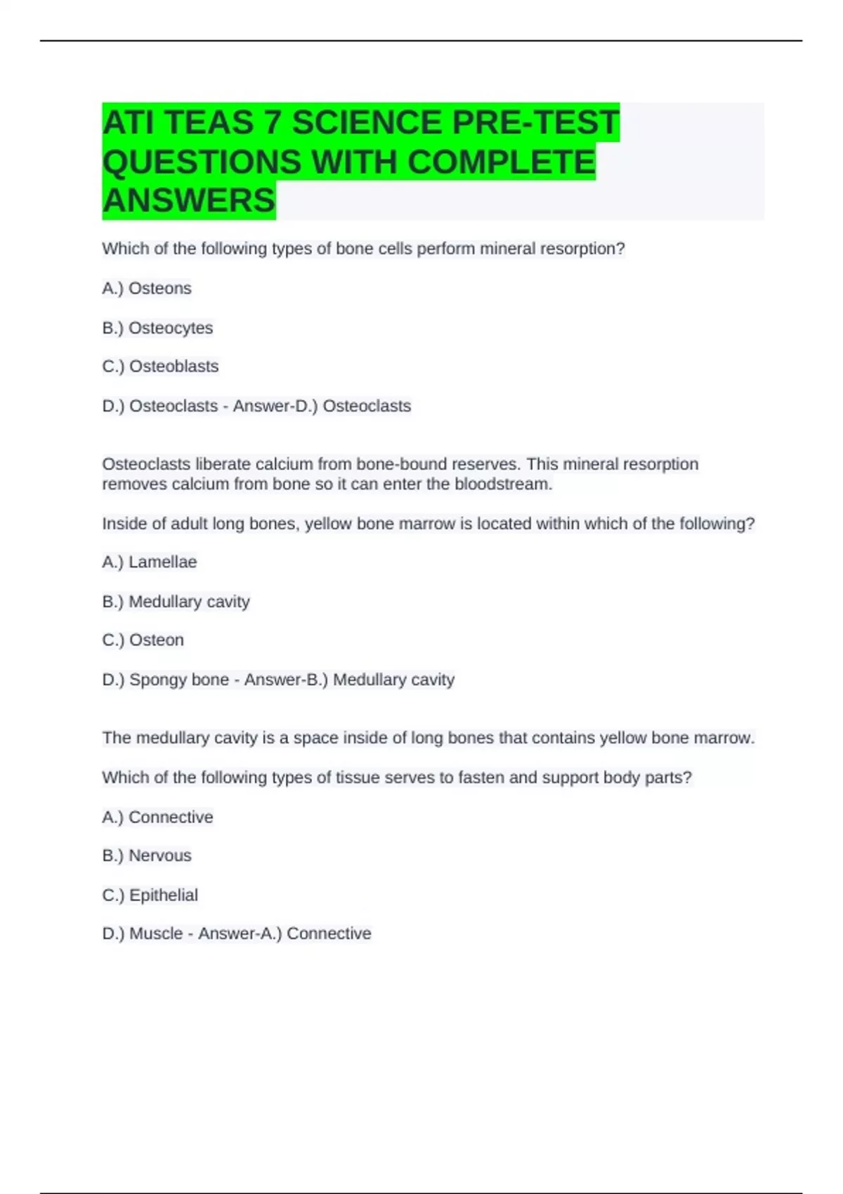 ATI TEAS 7 SCIENCE PRE-TEST QUESTIONS WITH COMPLETE ANSWERS - TEAS7 ...