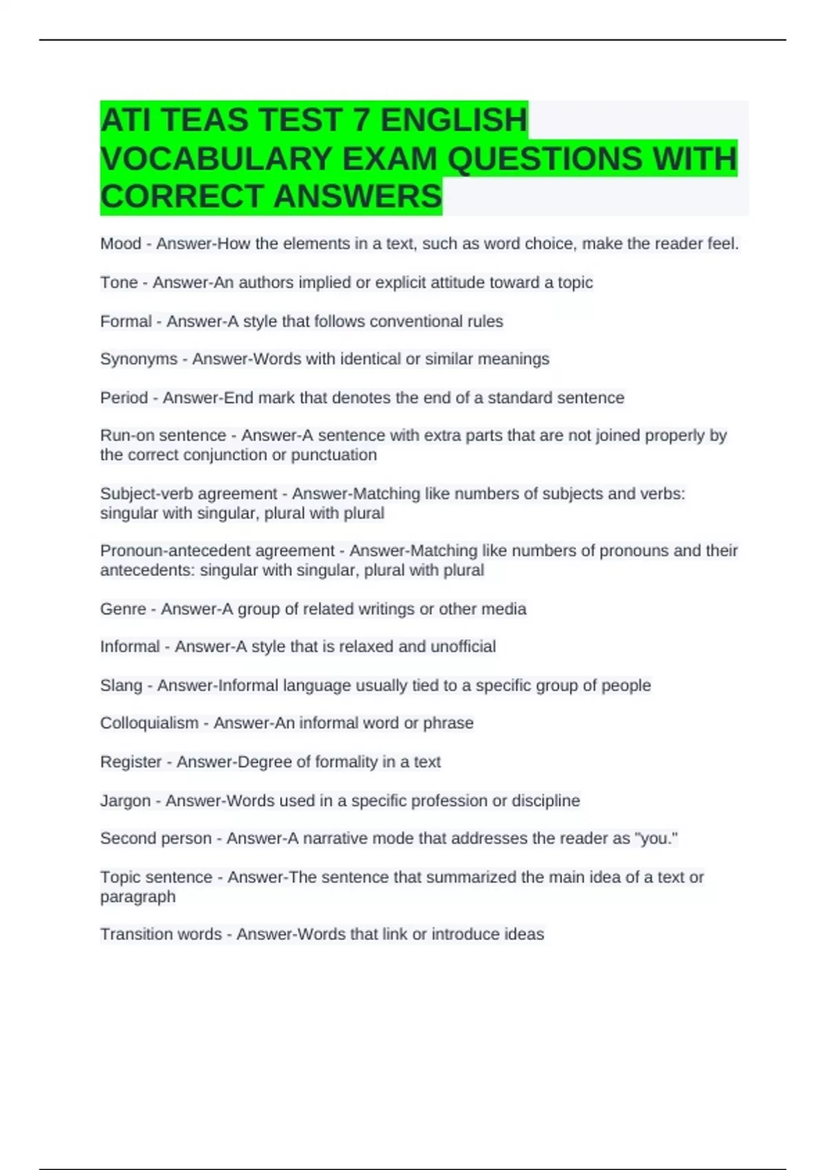 ATI TEAS TEST 7 ENGLISH VOCABULARY EXAM QUESTIONS WITH CORRECT ANSWERS ...