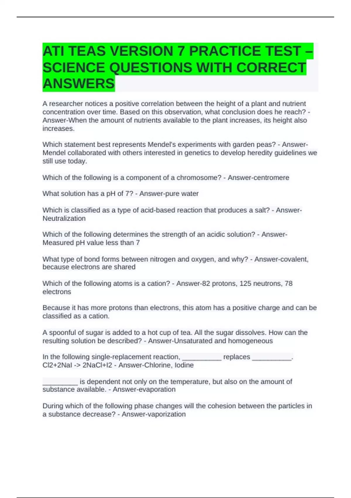 ATI TEAS VERSION 7 PRACTICE TEST – SCIENCE QUESTIONS WITH CORRECT ...