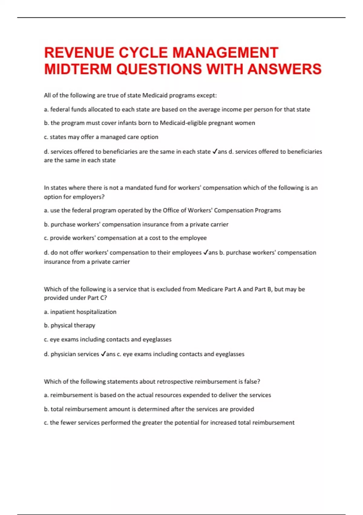 REVENUE CYCLE MANAGEMENT MIDTERM QUESTIONS WITH ANSWERS - Revenue ...