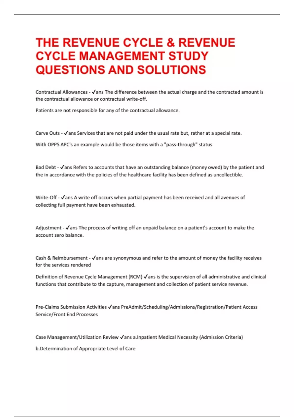 THE REVENUE CYCLE & REVENUE CYCLE MANAGEMENT STUDY QUESTIONS AND ...